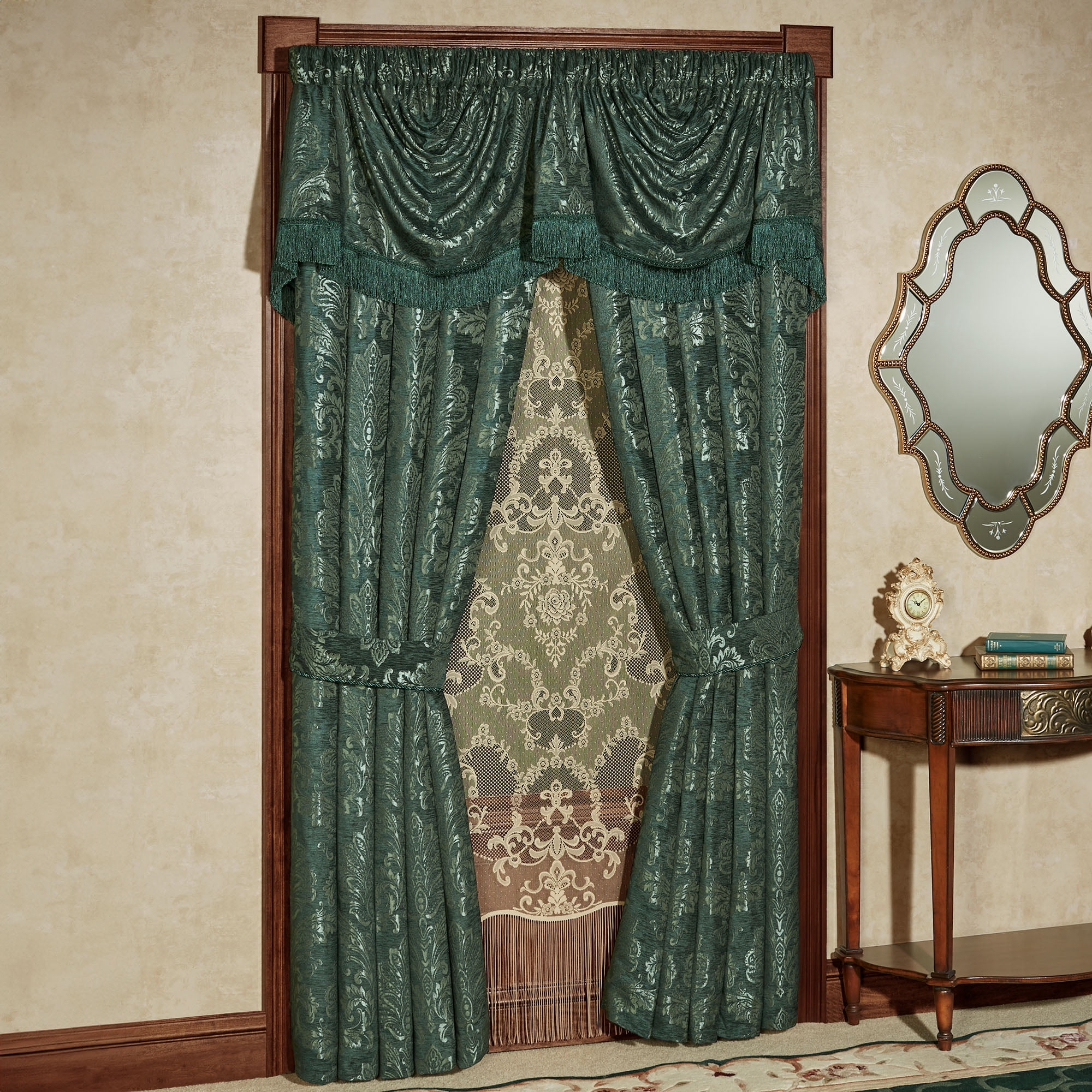 Camelot Satin Damask & Chenille Window Set, Emerald Green, Empire ...