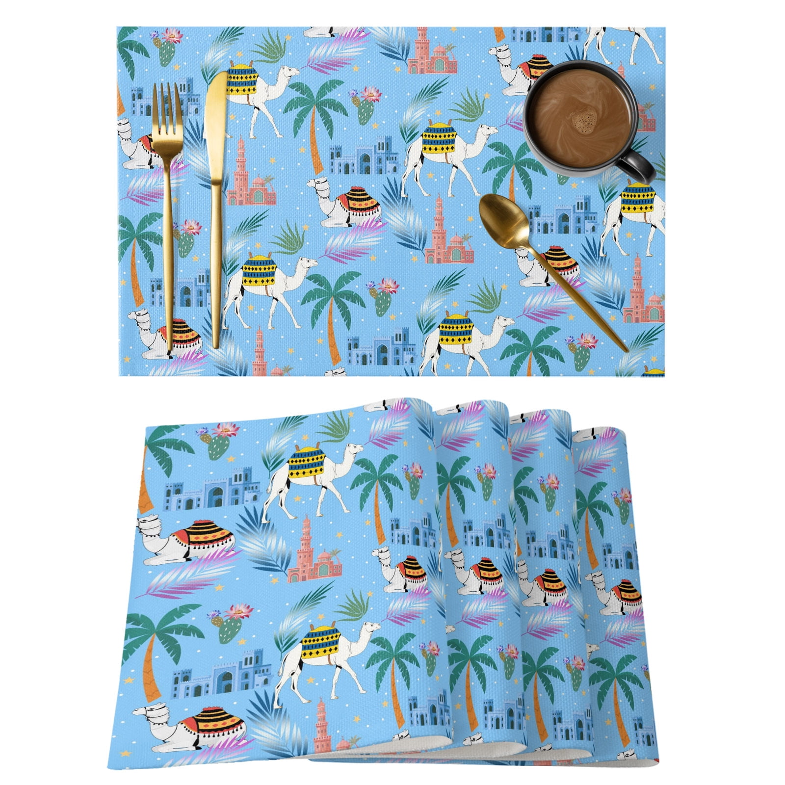 Camels Cotton Linen Placemats Set of 4, Abstract Animal Aloe Vera Date ...