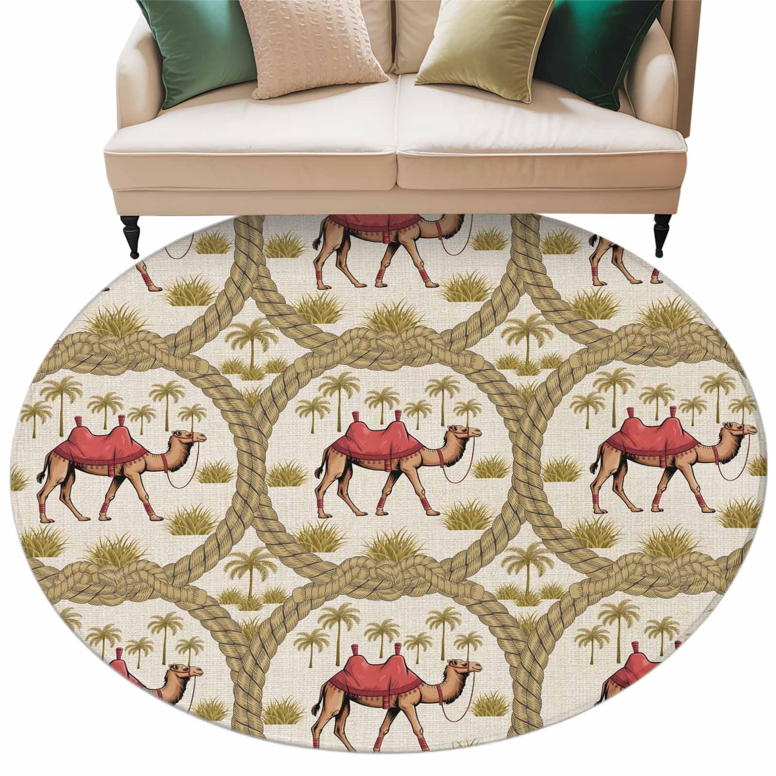 Camels Palm Trees Round Area Rugs Collection 6', Desert Date Coconut ...
