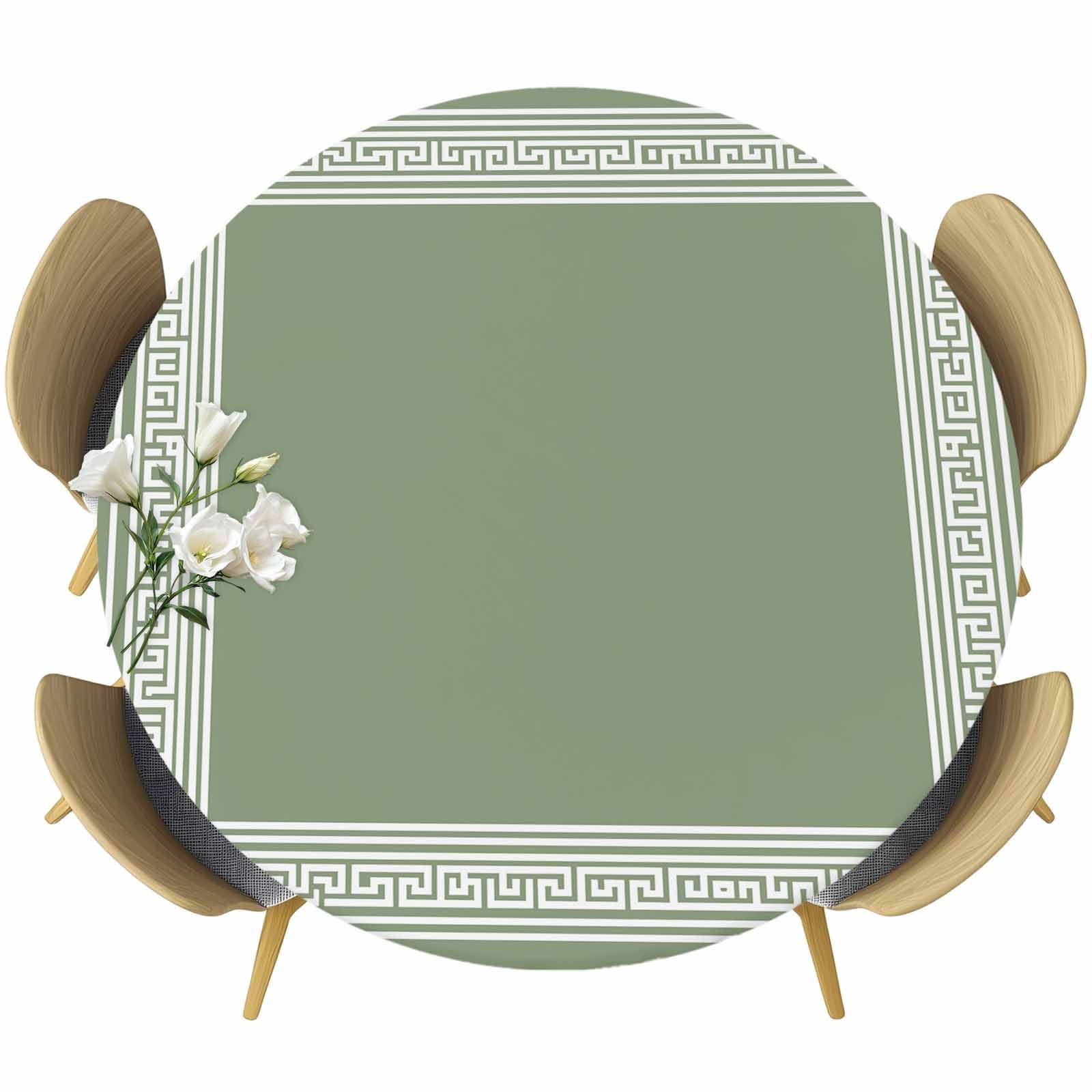 Cameo Brown Greek Key Round Tablecloth, Fitted Table Cover with Elastic ...