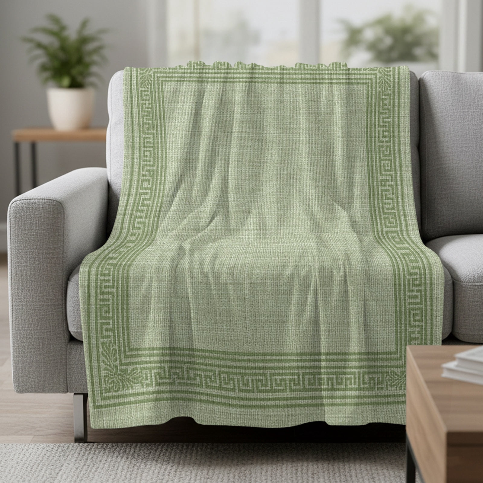 Cameo Green Abstract Art Fleece Throw Blanket Vintage Linen Greek Key ...