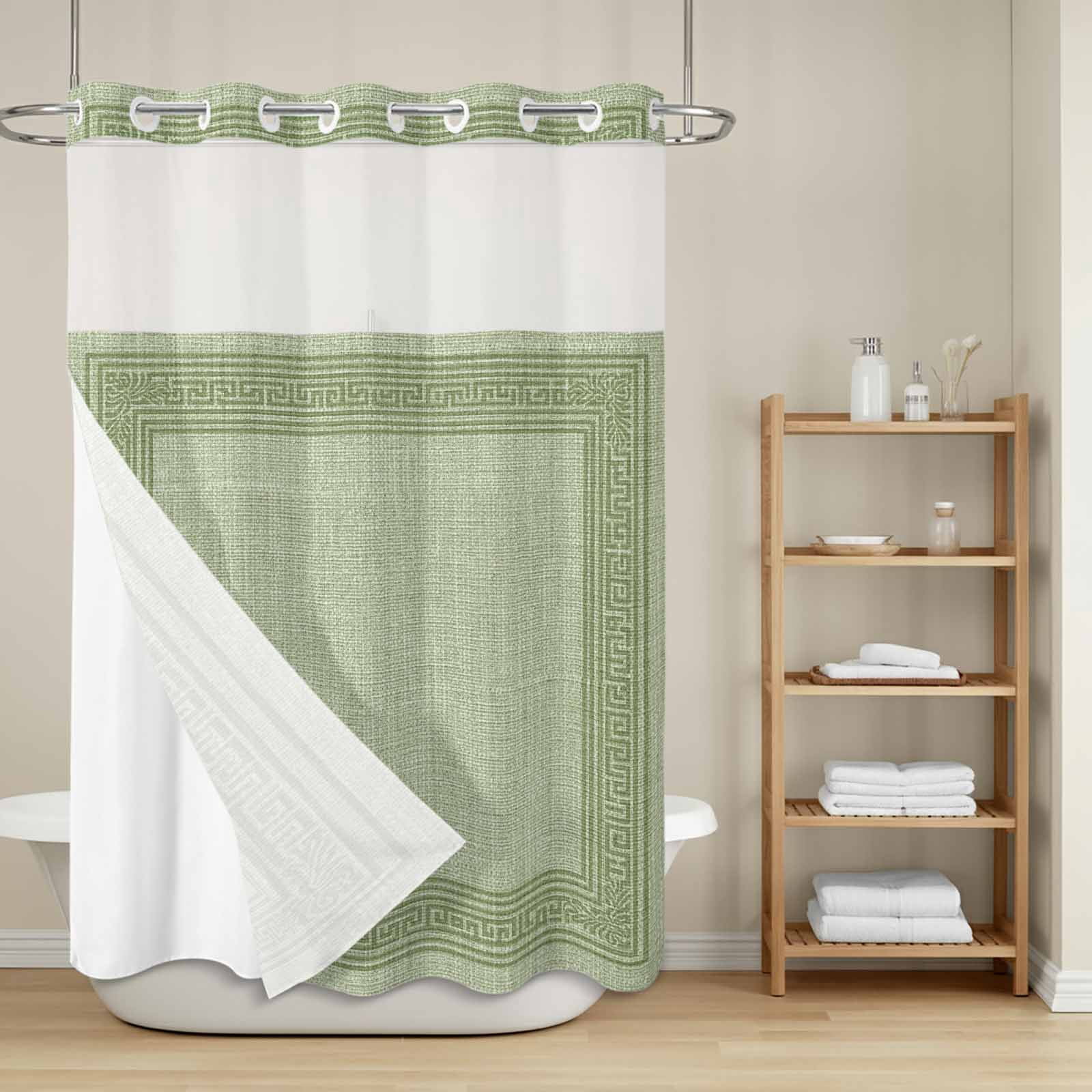 Cameo Green Abstract Art No Hook Shower Curtain with Snap in Liner ...