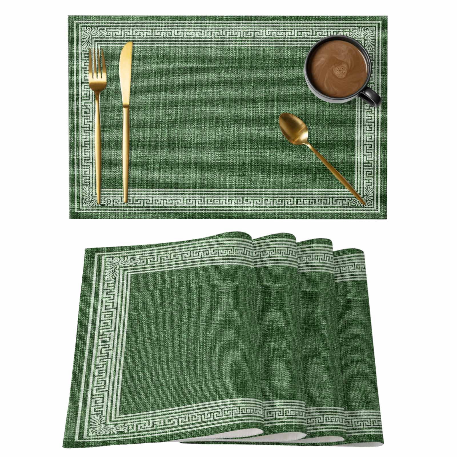 Cameo Green Abstract Art Placemats Set of 6, Vintage Linen Greek Key ...