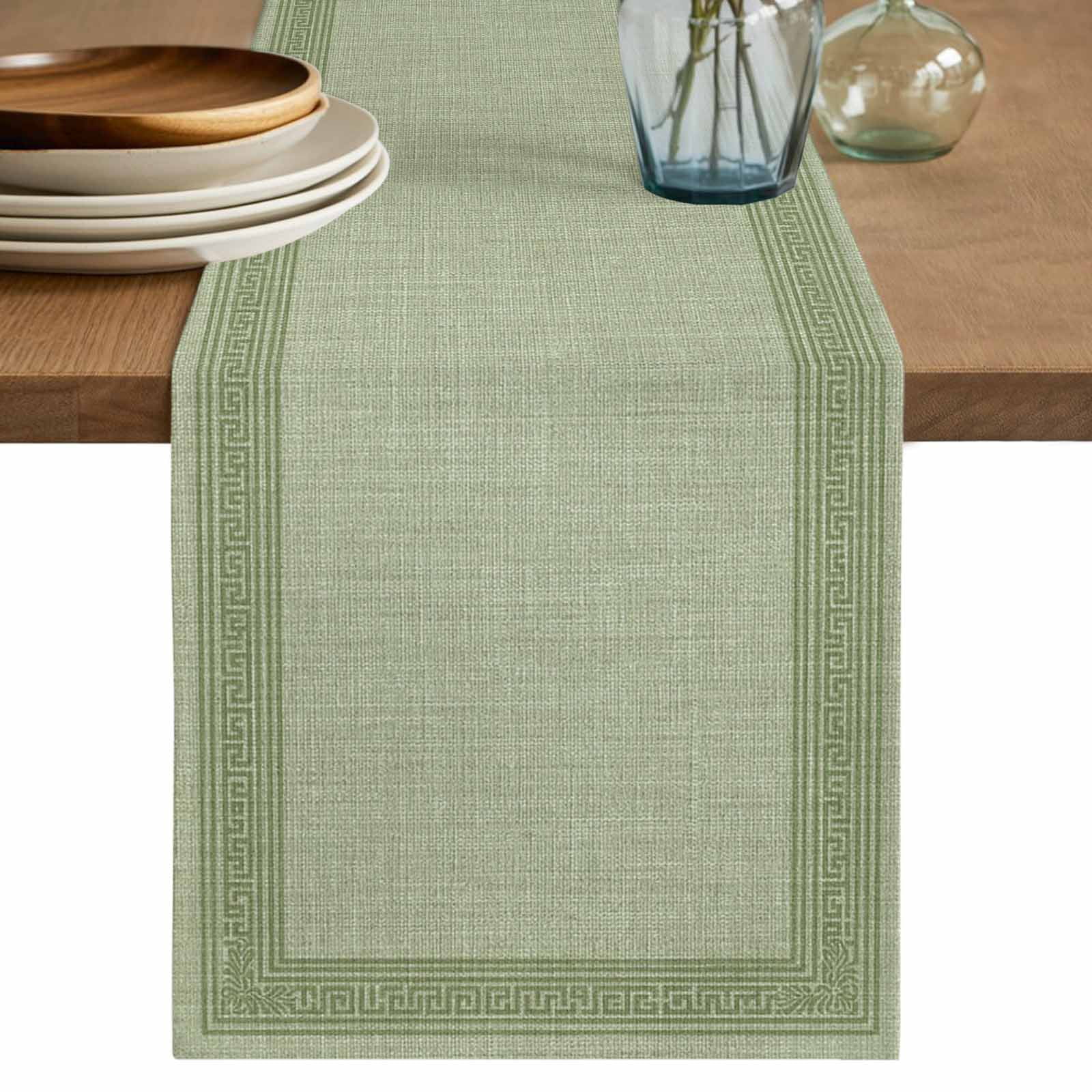 Cameo Green Abstract Art Table Runner, Vintage Linen Greek Key ...