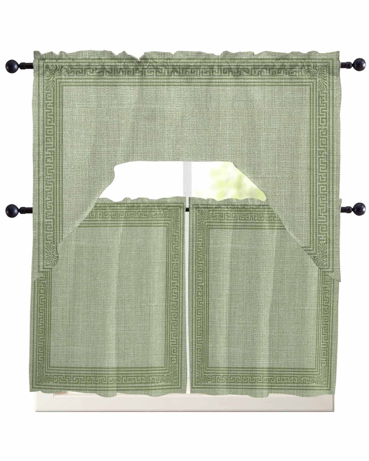 Cameo Green Retro Greek Key Kitchen Curtain and Valance Set 3 Pieces ...