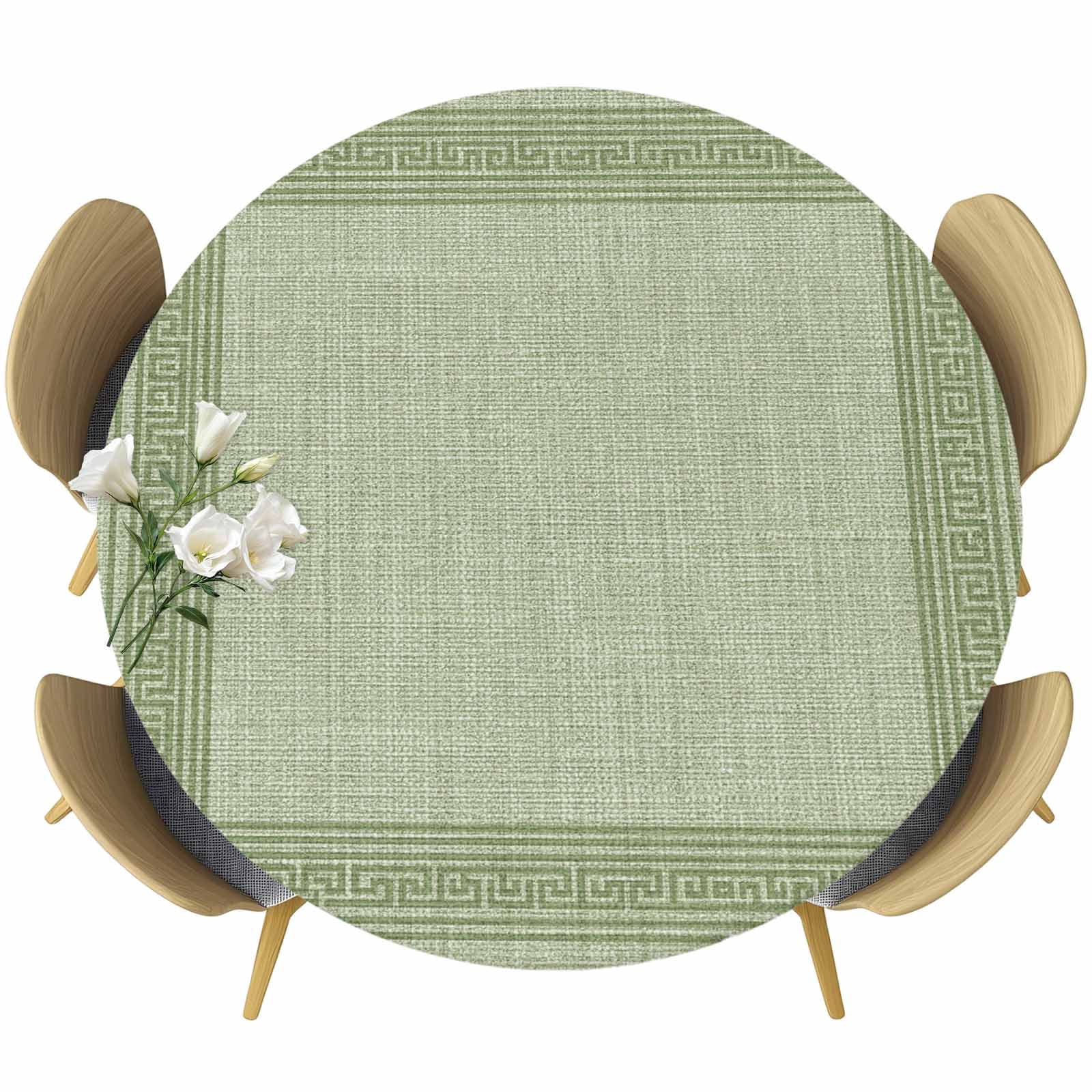 Cameo Green Retro Greek Key Round Tablecloth, Fitted Table Cover with ...