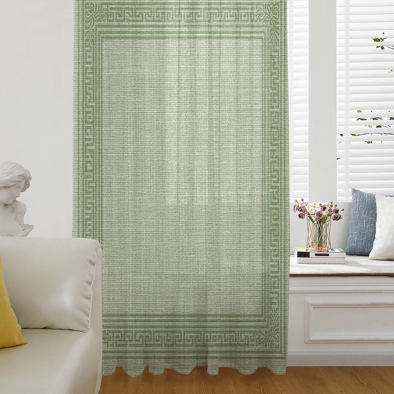 Cameo Green Retro Greek Key Sheer Curtains 72 Inch Length, Light ...