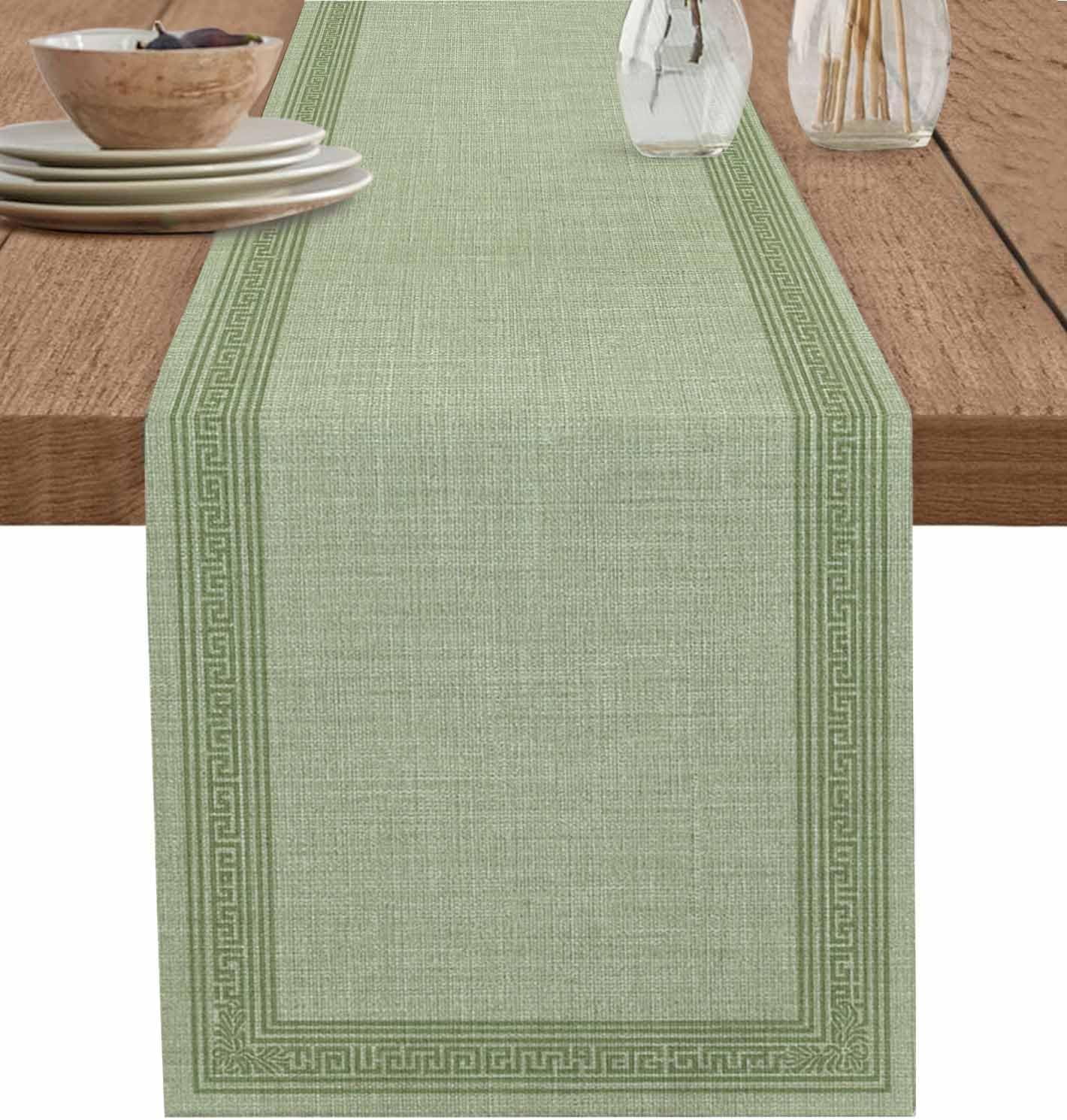 Cameo Green Retro Greek Key Short Table Runners 48 Inches, Cotton Linen ...