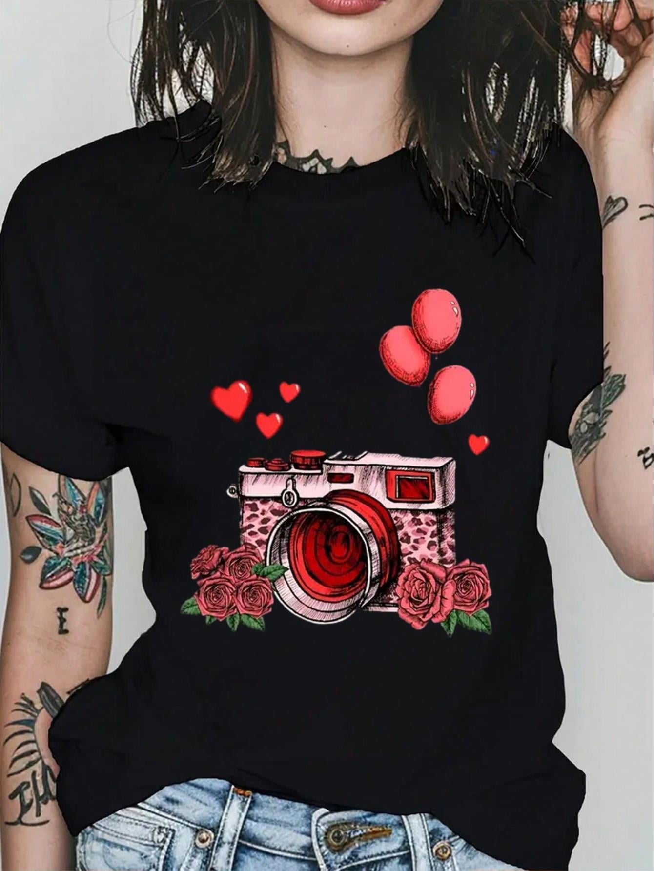 Camera Balloon Flower Printed T-Shirts Women's Fashion Casual Round ...