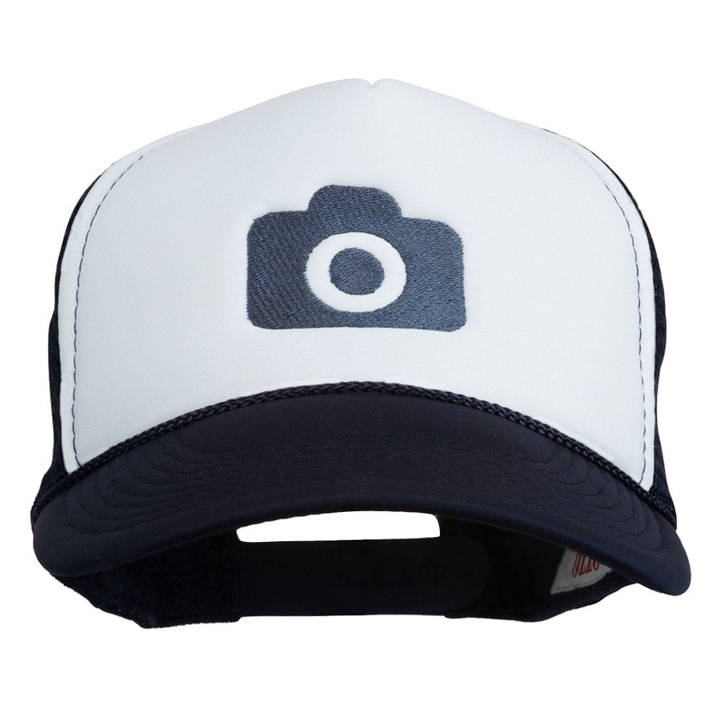 Camera Design Photographer Embroidered Foam Mesh Back Cap - Navy White ...