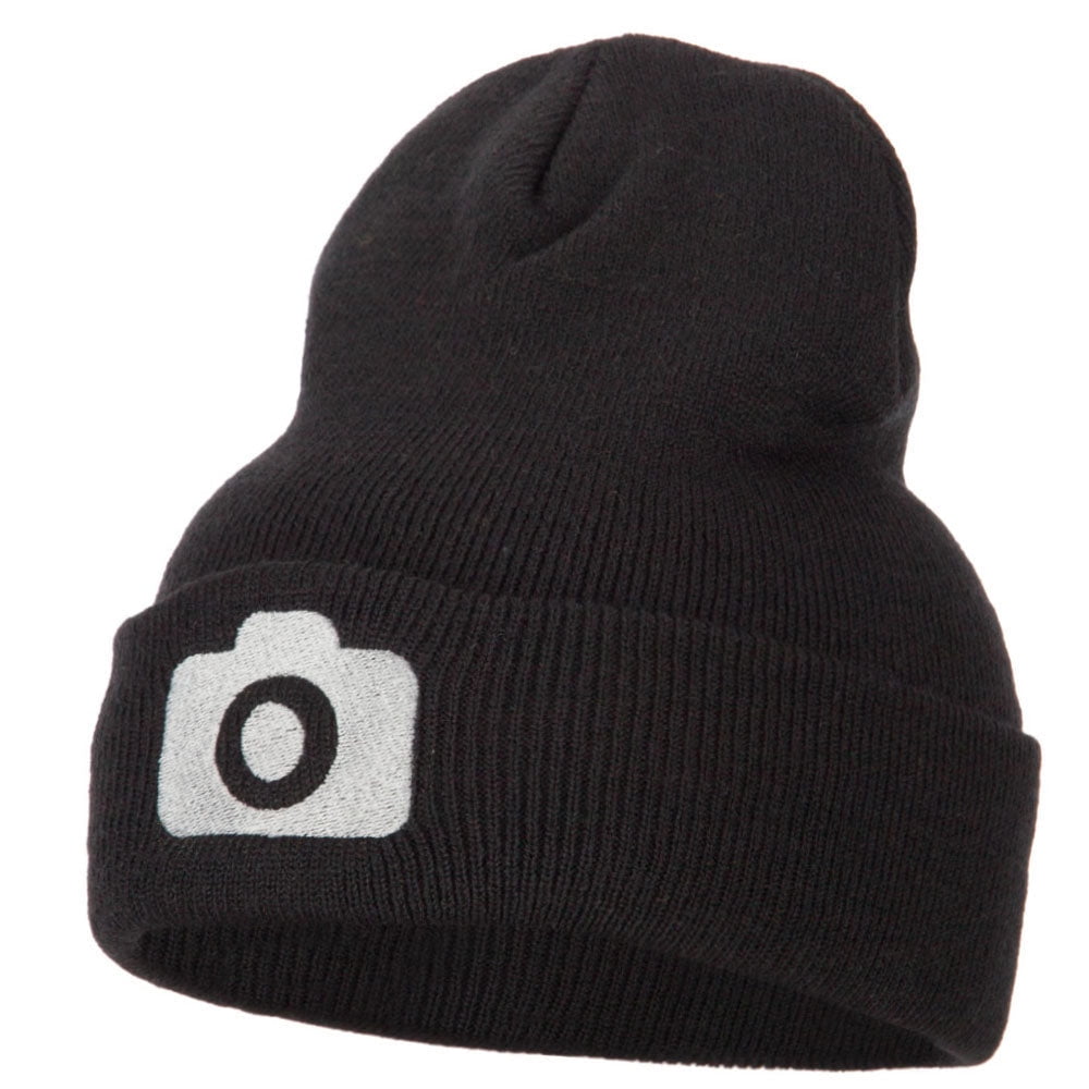 Camera Design Photographer Embroidered Knitted Long Beanie - Black OSFM ...