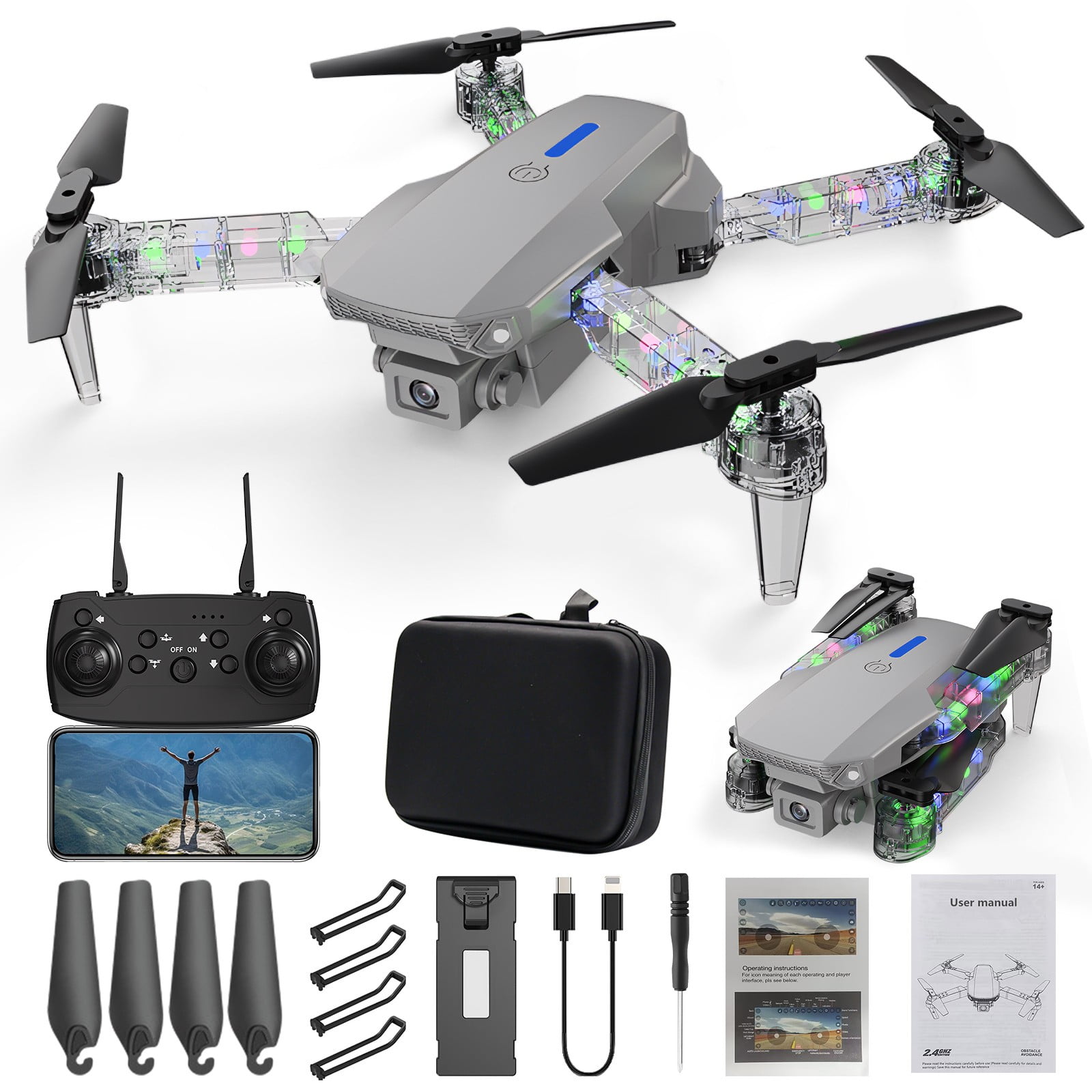 Camera Drone, Transparent Glowable Arms, Foldable Airplane Paddle Drone ...