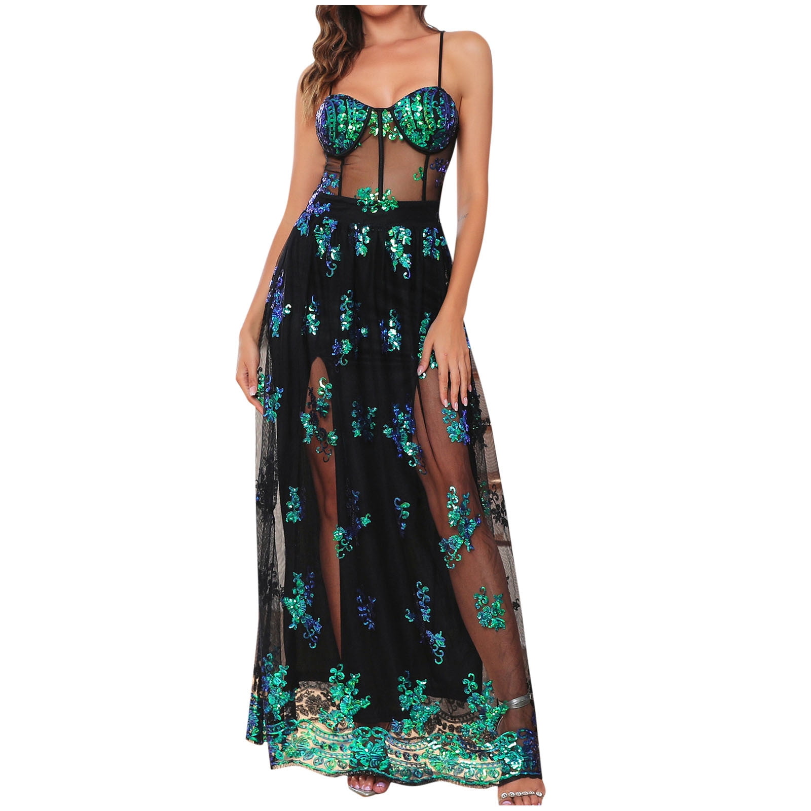 Cami Sheer Mesh Maxi Dress for Women Sexy See Through Layered Ruffle Split Cocktail Dress ...