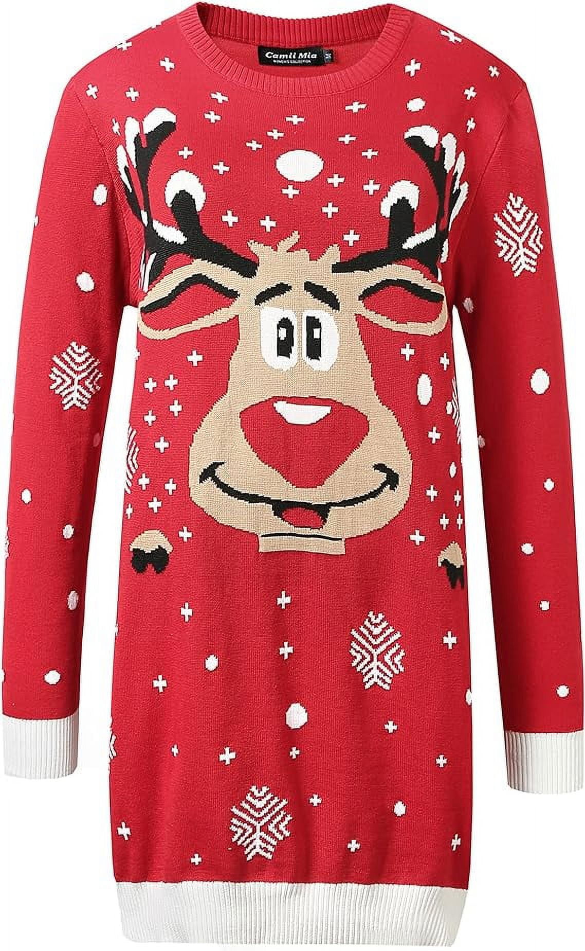 Camii Mia Womens Funny Christmas Sweater Dress, Reindeer Print, Warm ...