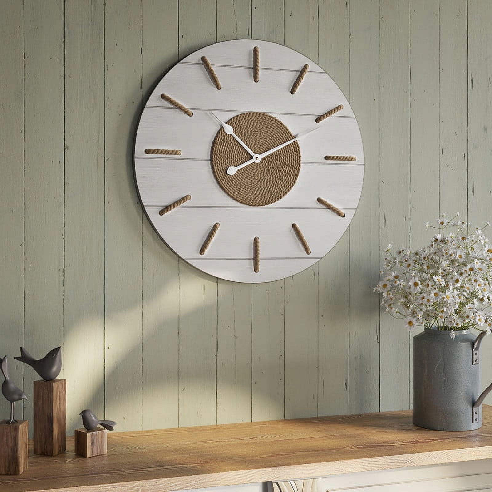 Camila White Jute Rope Shiplap Wood Round Wall Clock - Walmart.com