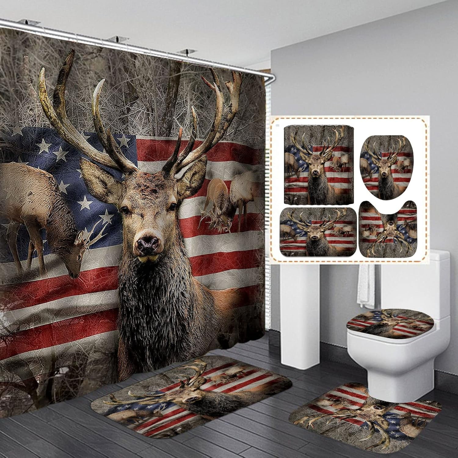 Camille&Andrew 4PCS American Flag Deer Shower Curtain Set, Elk Moose ...