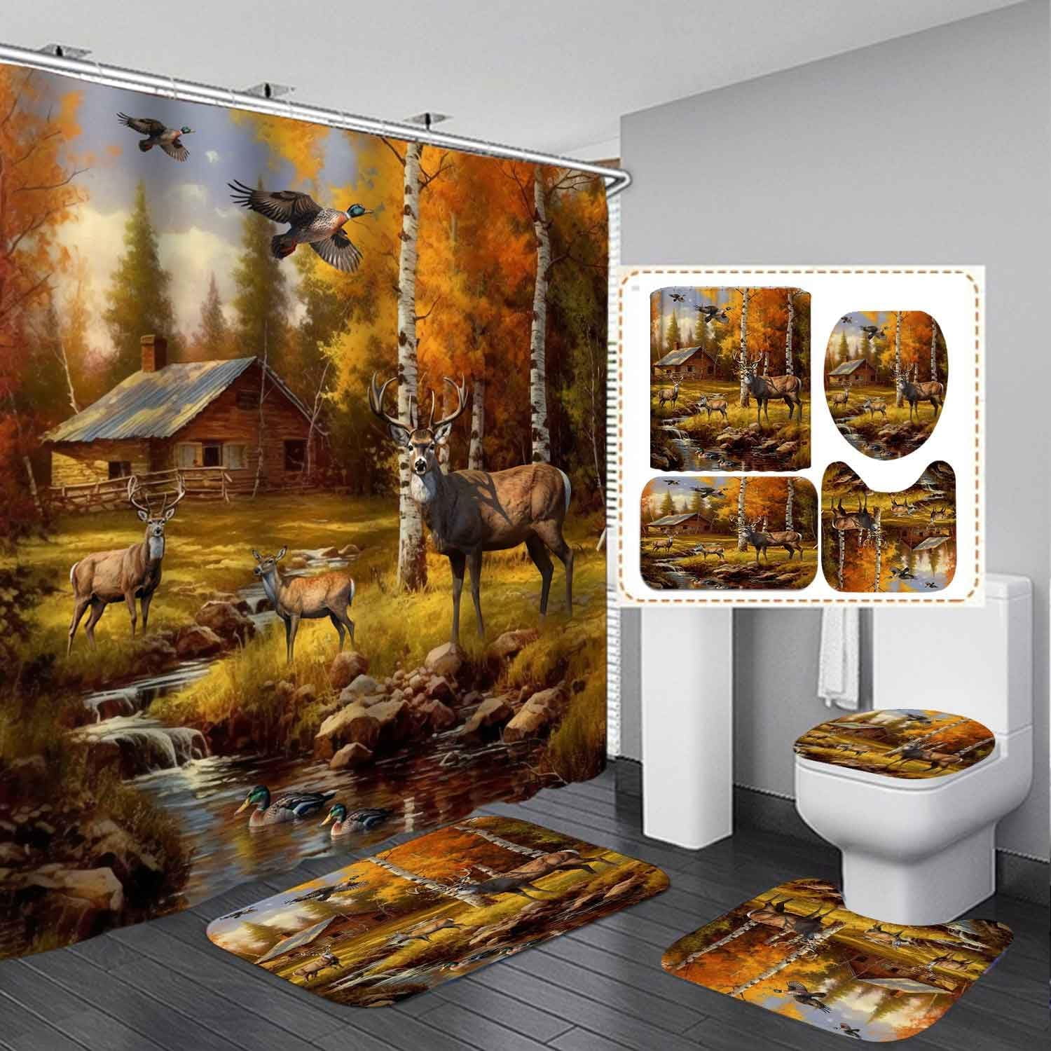 Camille&Andrew 4PCS American Flag Deer Shower Curtain Set, Elk Moose ...