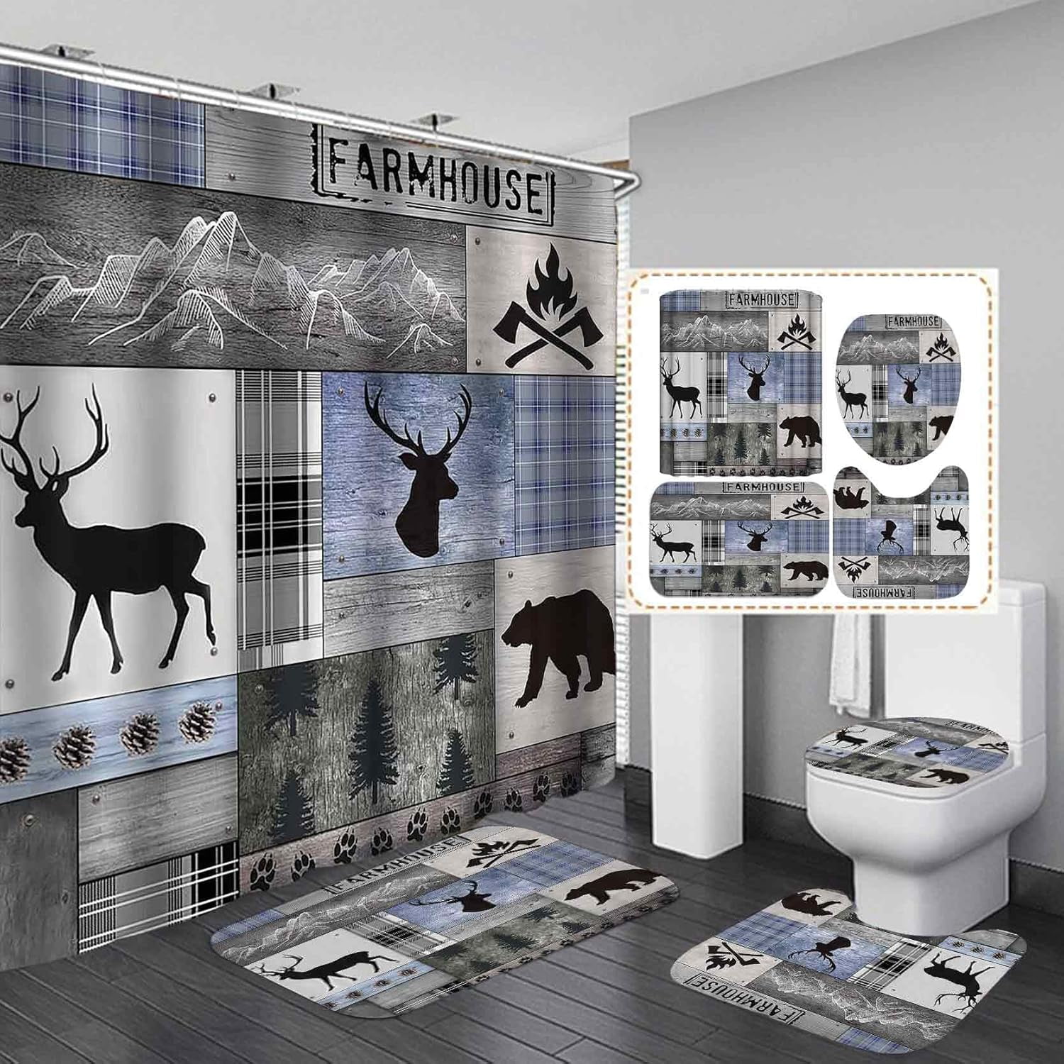 Camille&Andrew 4PCS Black Bear Shower Curtain Set, Deer Elk Moose ...