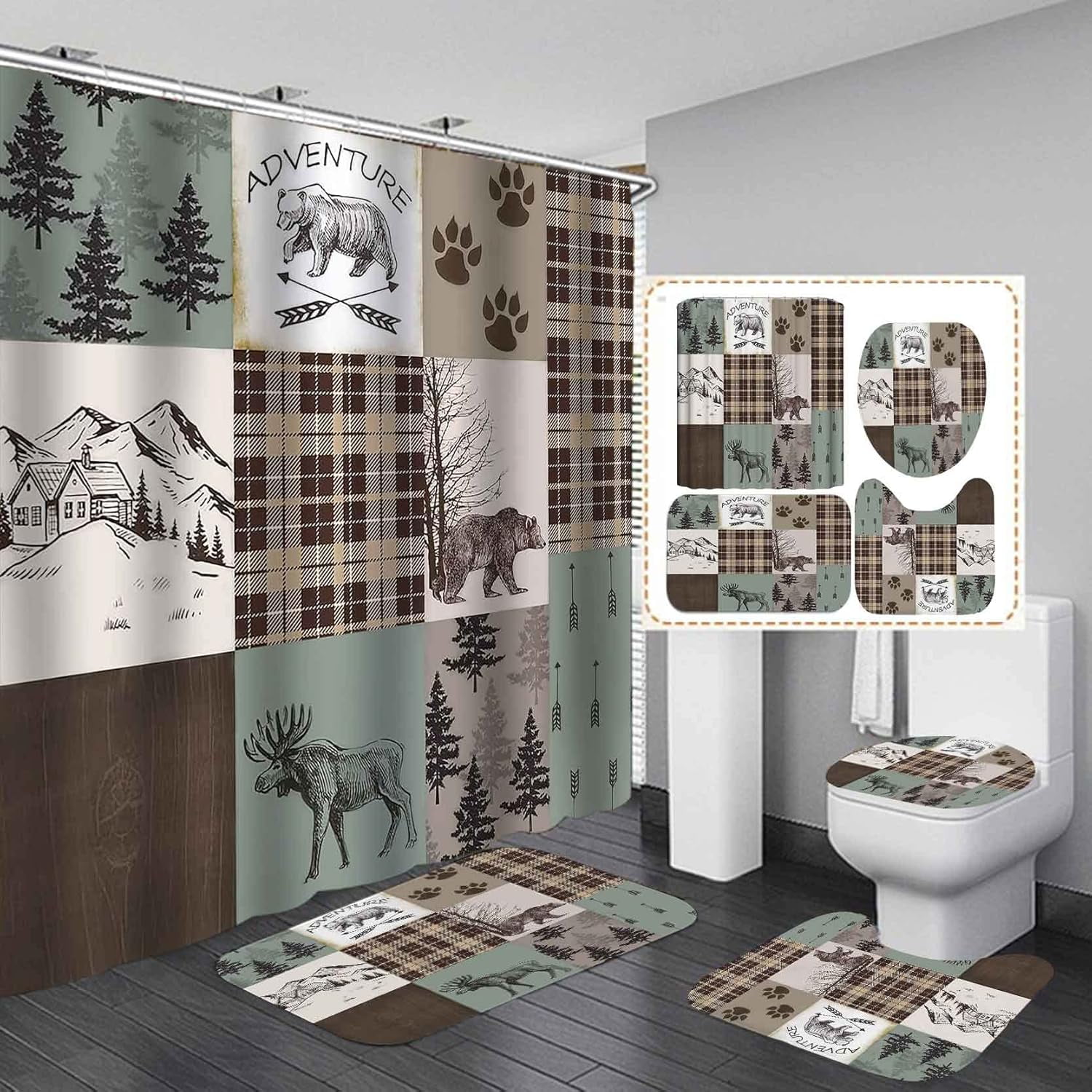 Camille&Andrew 4PCS Black Bear Shower Curtain Set, Deer Elk Moose ...