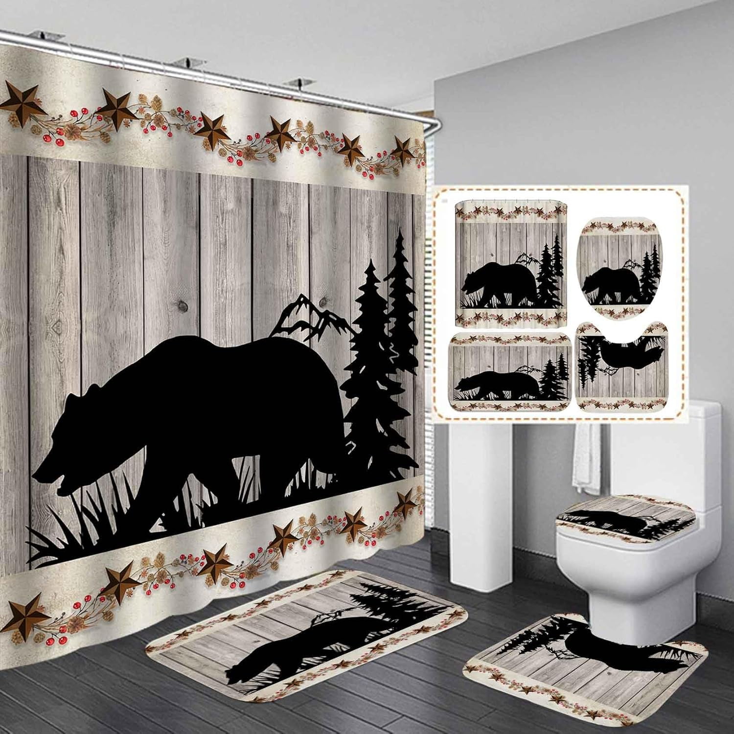 Camille&Andrew 4PCS Black Bear Shower Curtain Set, Deer Elk Moose ...