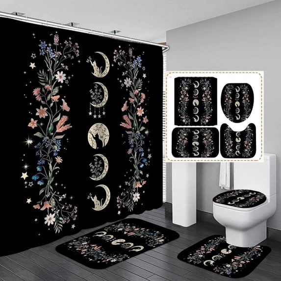 Camille&Andrew 4PCS Black Cat Moon Phase Shower Curtain Set, Wildflower ...