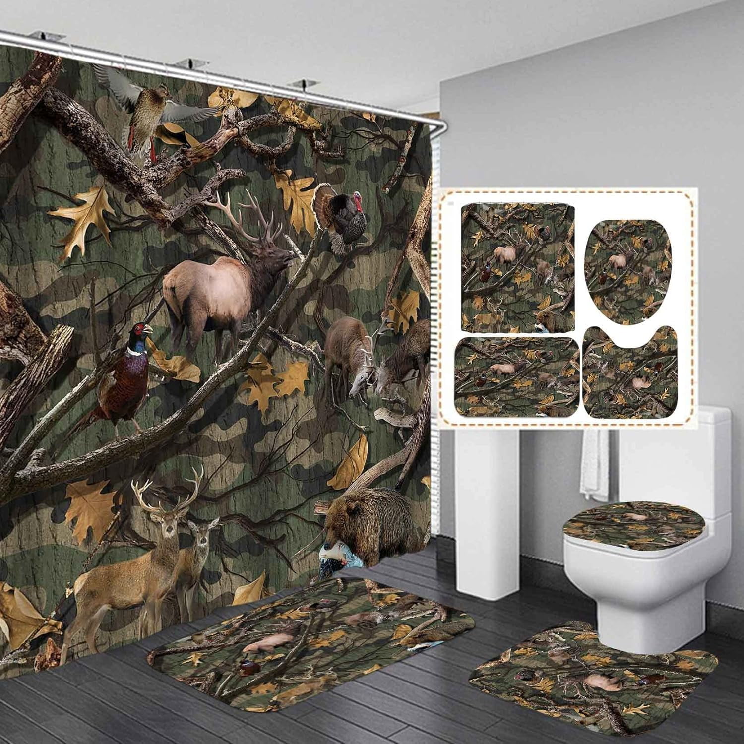 Camille&Andrew 4PCS Deer Shower Curtain Set, Elk Moose Woodland Animals ...