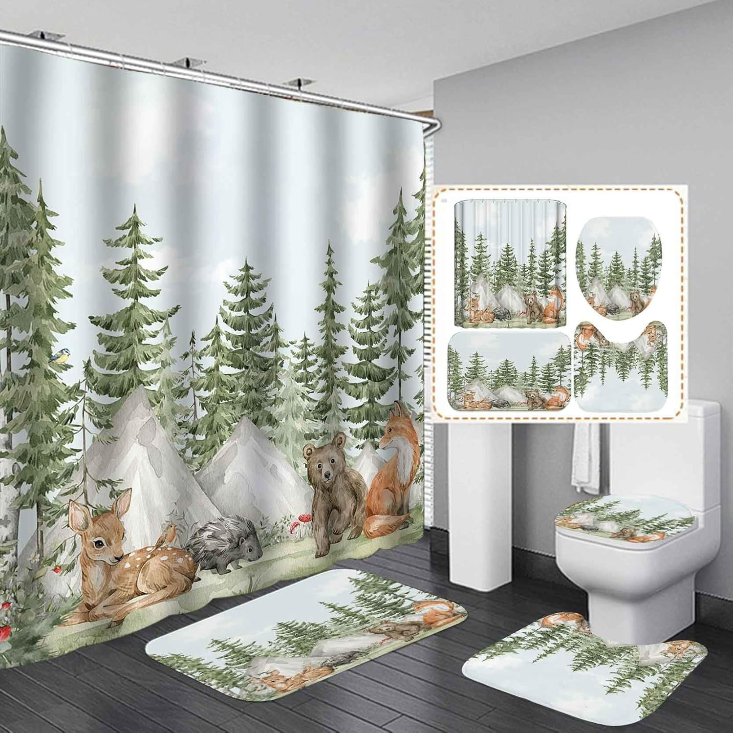Camille&Andrew 4PCS Deer Shower Curtain Set, Moose Elk Mallard Duck River Wild Animal Hunting ...