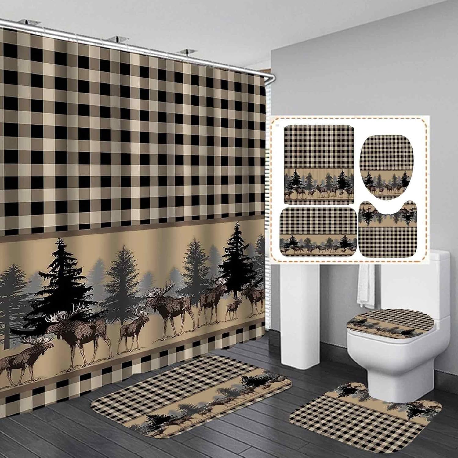 4PCS Deer Shower Curtain Set, Moose Elk Mallard Duck River Wild Animal ...