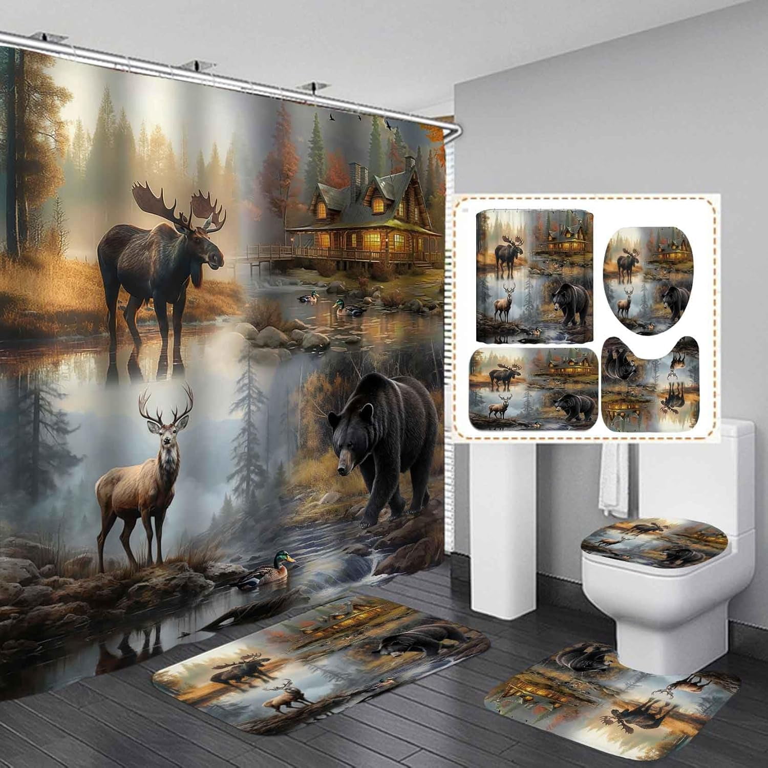Camille&Andrew 4PCS Deer Shower Curtain Set, Moose Elk Mallard Duck River Wild Animal Hunting ...