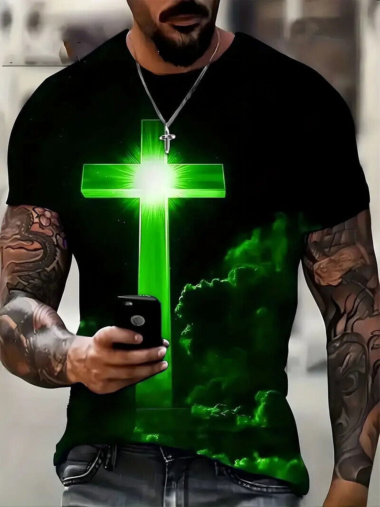 Camiseta Cruz Cristiana Nube Ligero Verde Negro Moda Hombre Manga Corta ...