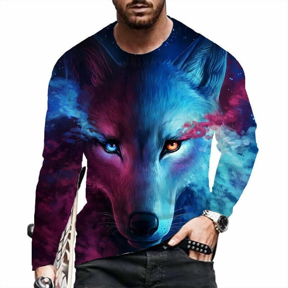 Camiseta Hombre Lobo Azul Gráfico Manga Larga Moda Casual Ropa De Calle ...