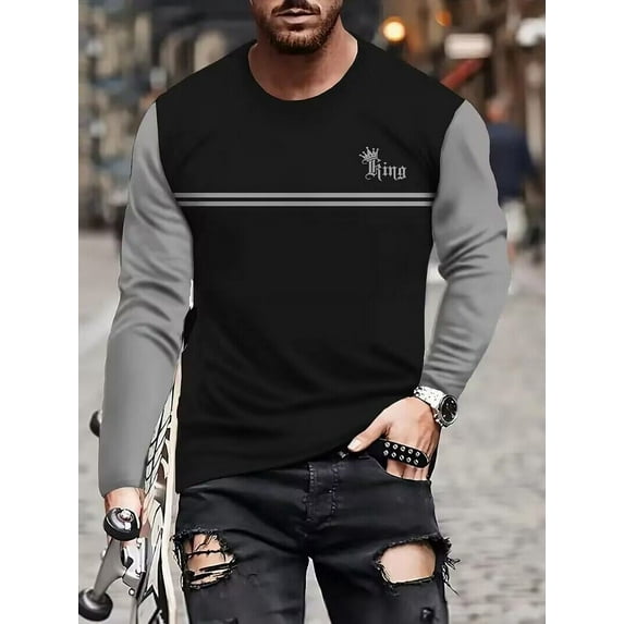 Camiseta Hombre Moda Negro Gris REY Color Bloque Manga Larga Ropa Calle ...