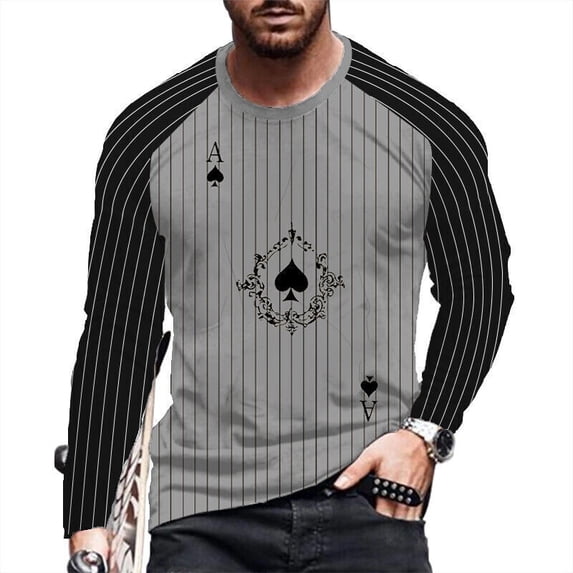 Camiseta Hombre Moda Raya As De Picas De Póquer Manga Larga Casual Gris ...