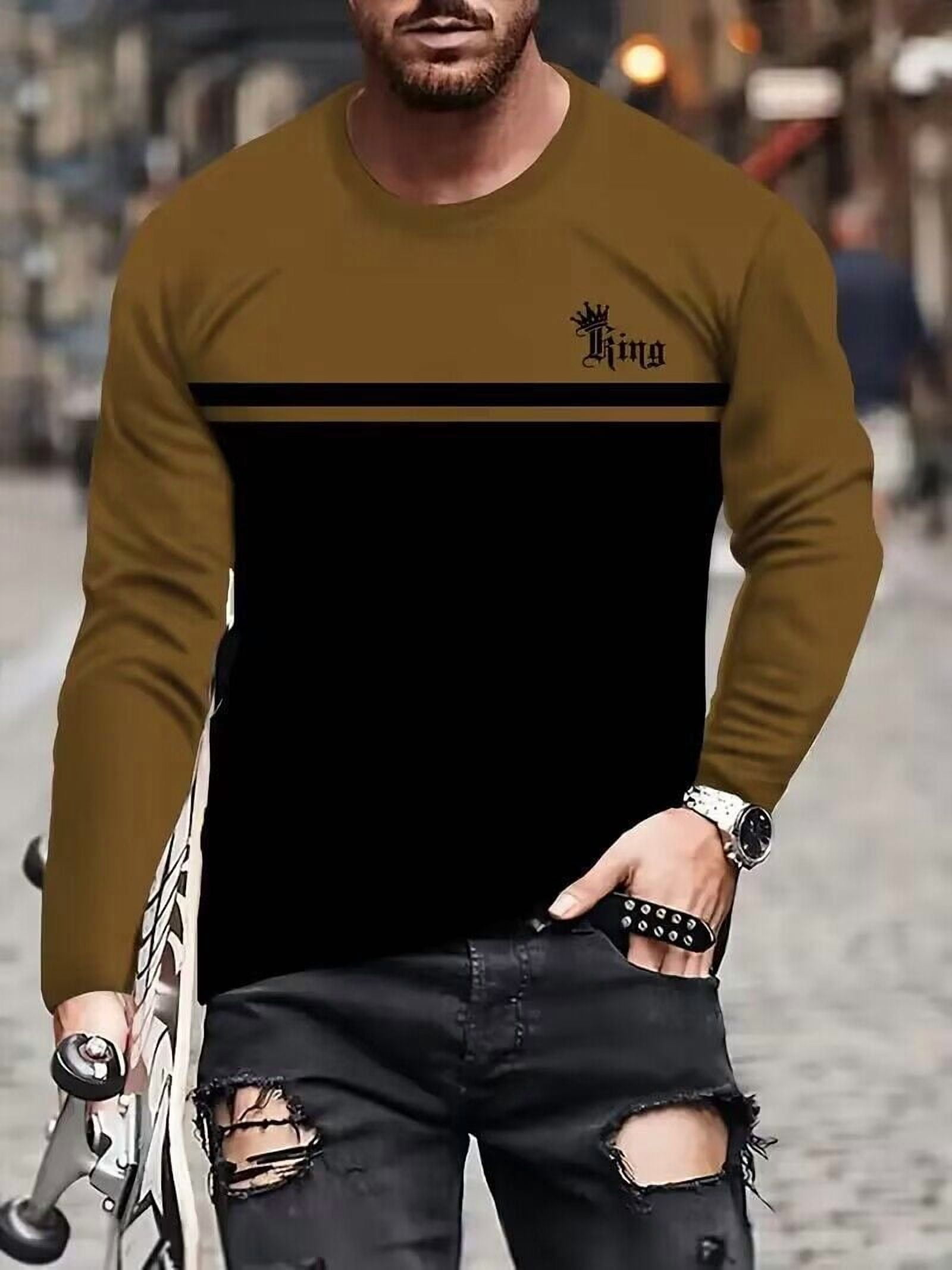 Camiseta Hombres Moda Negro Marrón Color Bloque Manga Larga Ropa Calle ...