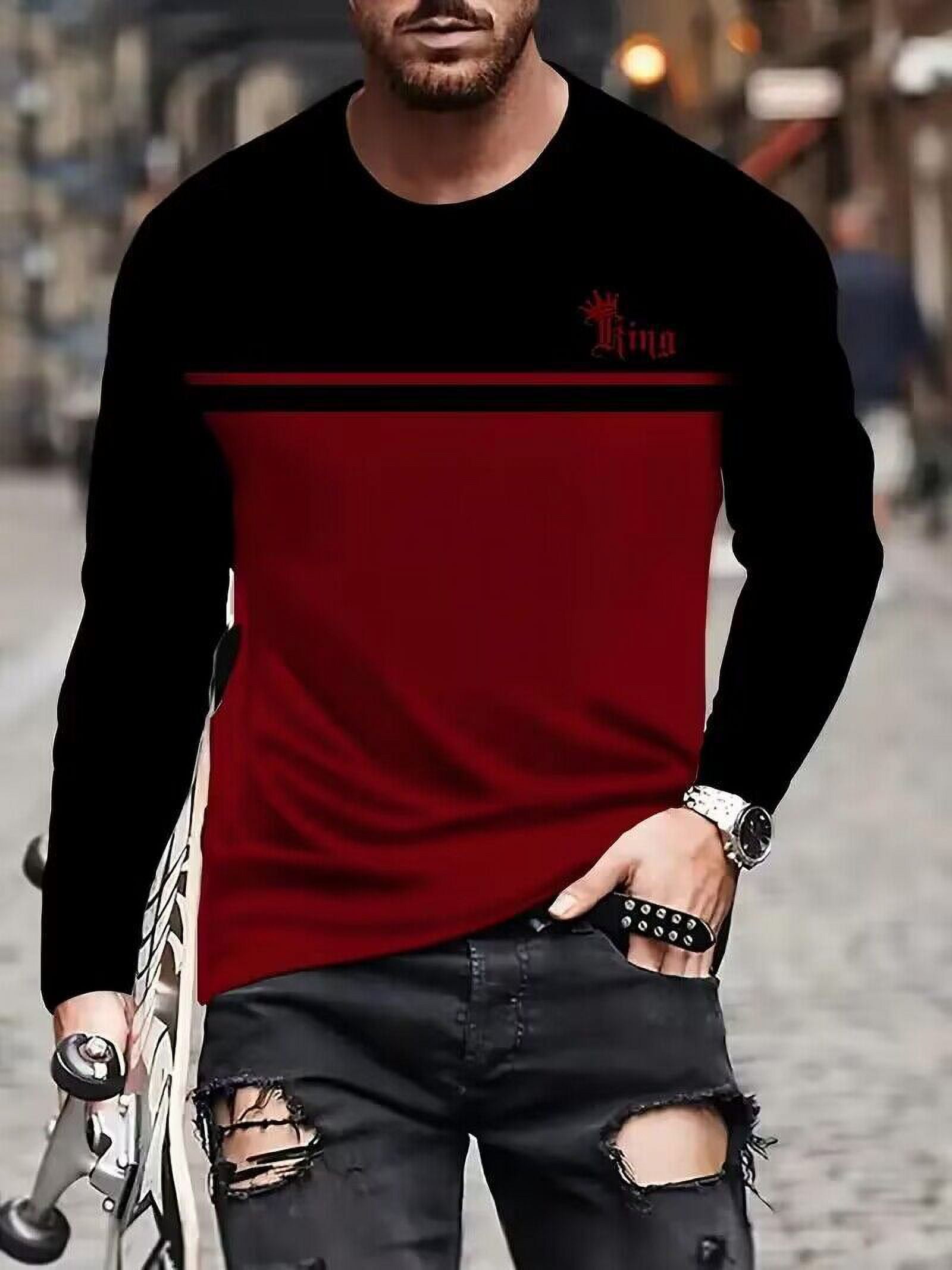 Camiseta Hombres Moda Rojo Negro Color Bloque Manga Larga Ropa Calle ...