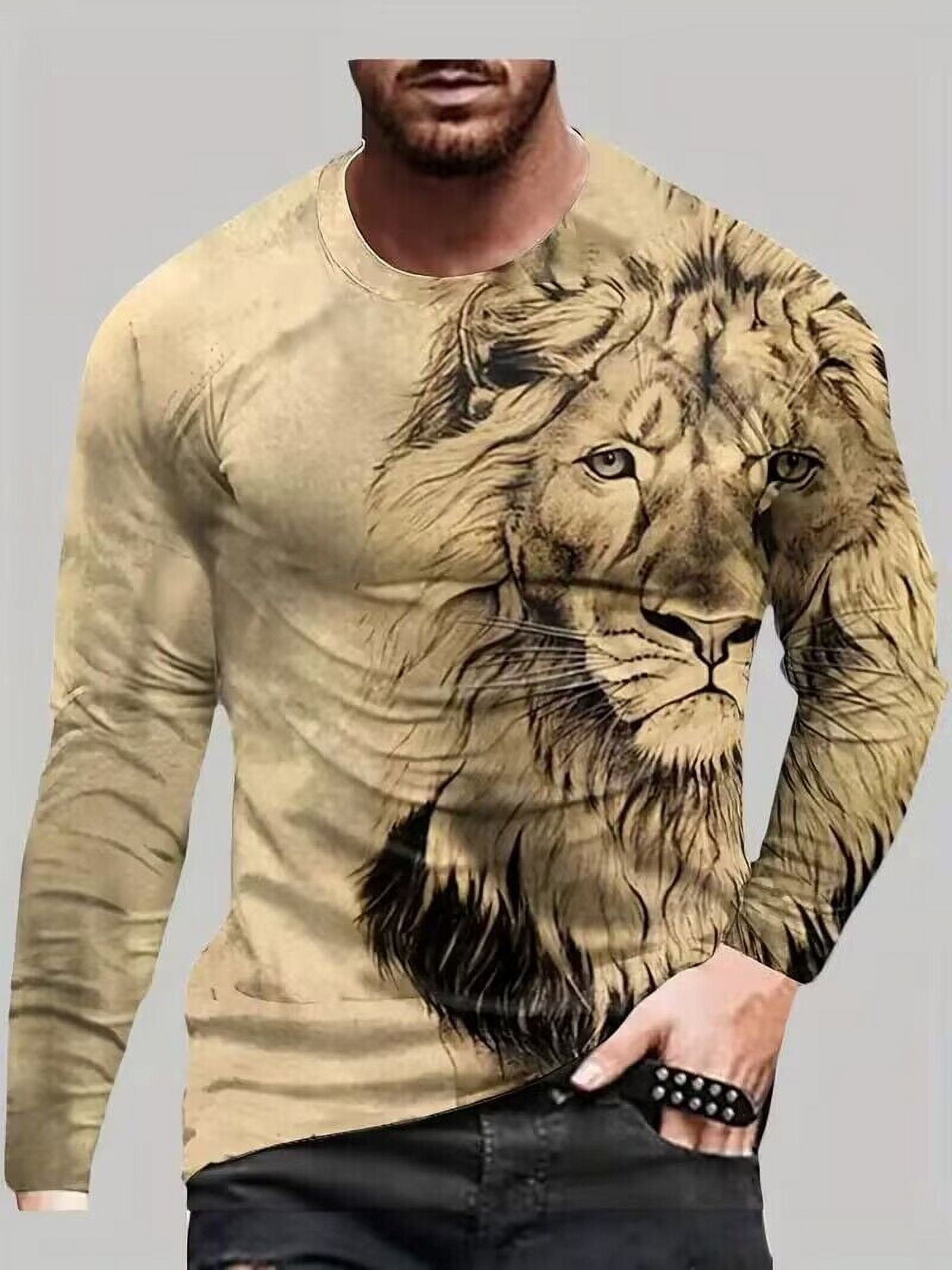 Camiseta Hombrs Cabeza León Beige Amarillo Claro Manga Larga Gráfico ...