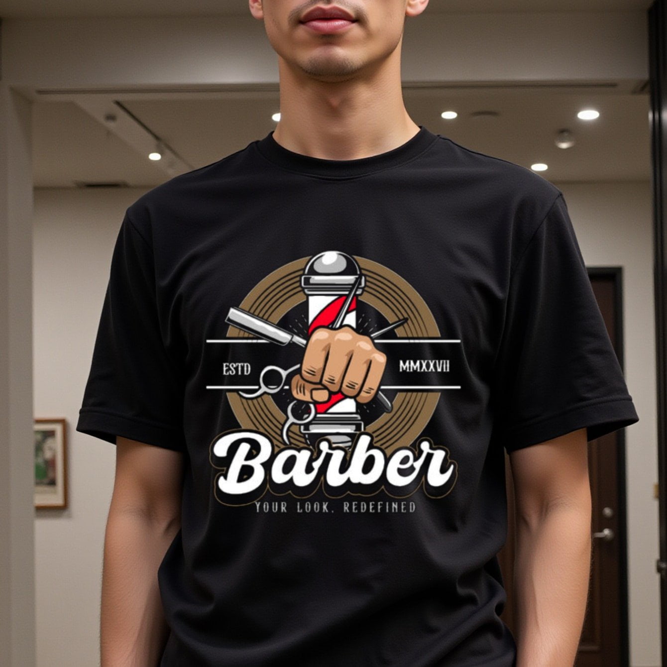Camiseta de barbero para hombre - "Su estilo redefinido" con diseño de tijeras y cuchilla, 100% ...