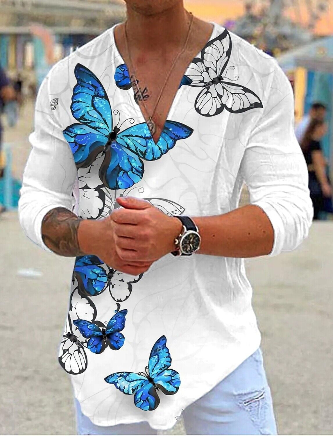 Camisetas Hombre Manga Larga Cuello V Azul Mariposa Tamaño Suelto Moda ...
