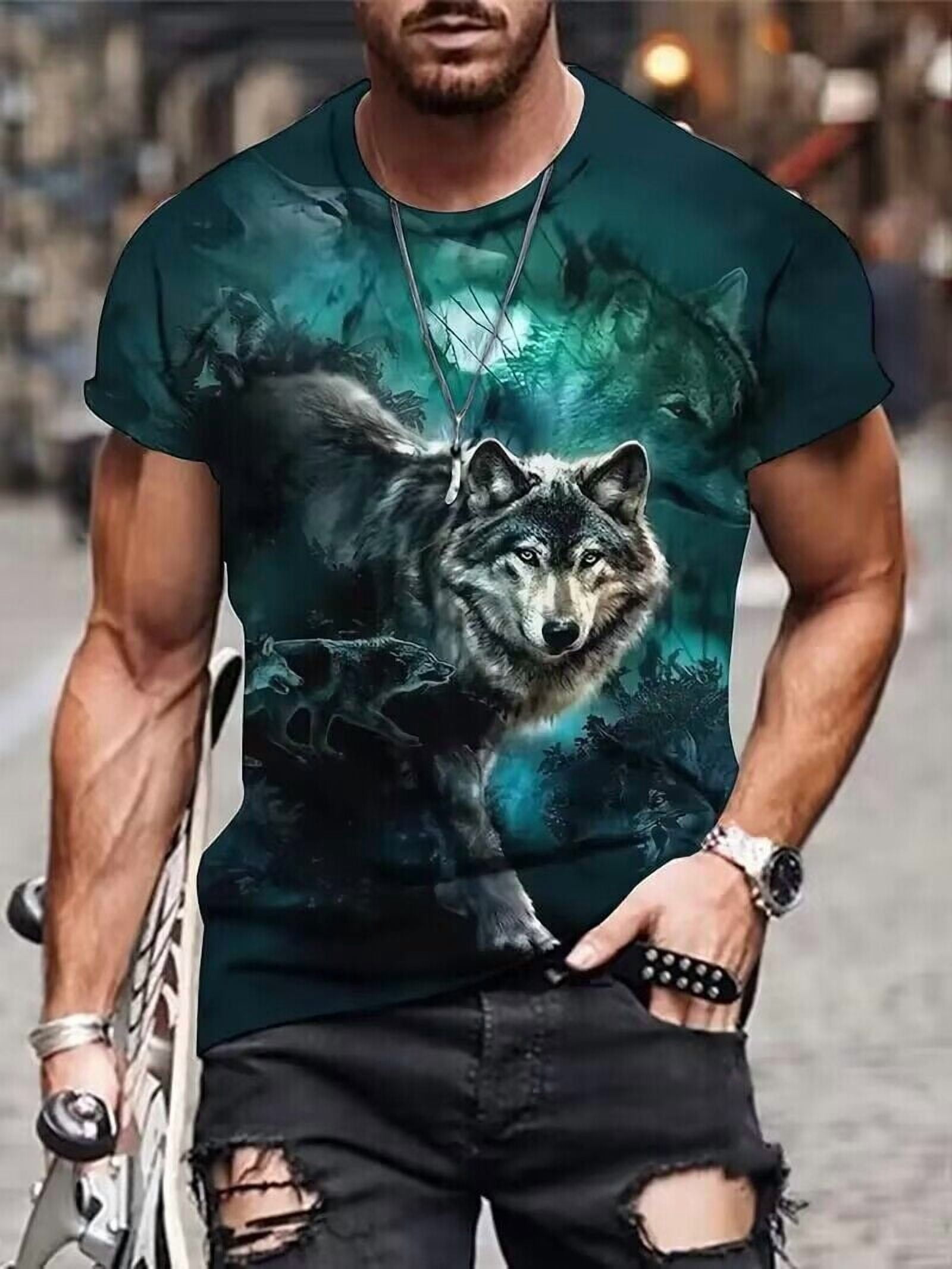 Camisetas Hombres Moda Cabeza Lobo Informal Verde Manga Corta Novedad ...