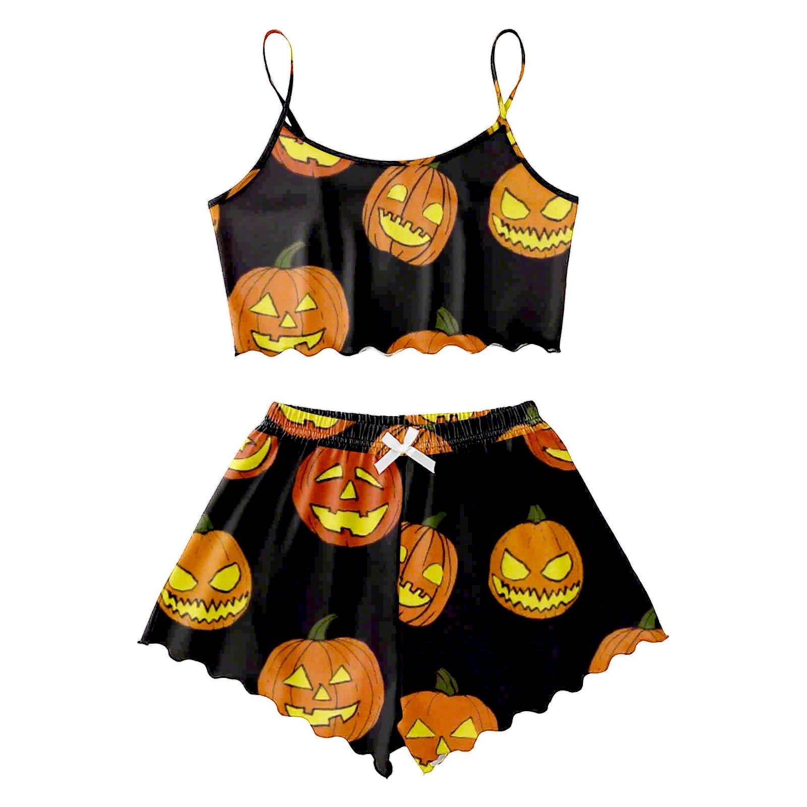 Camisole Lounge Set Womens Cami Pajama Set Halloween Pumpkin Pajama Set ...