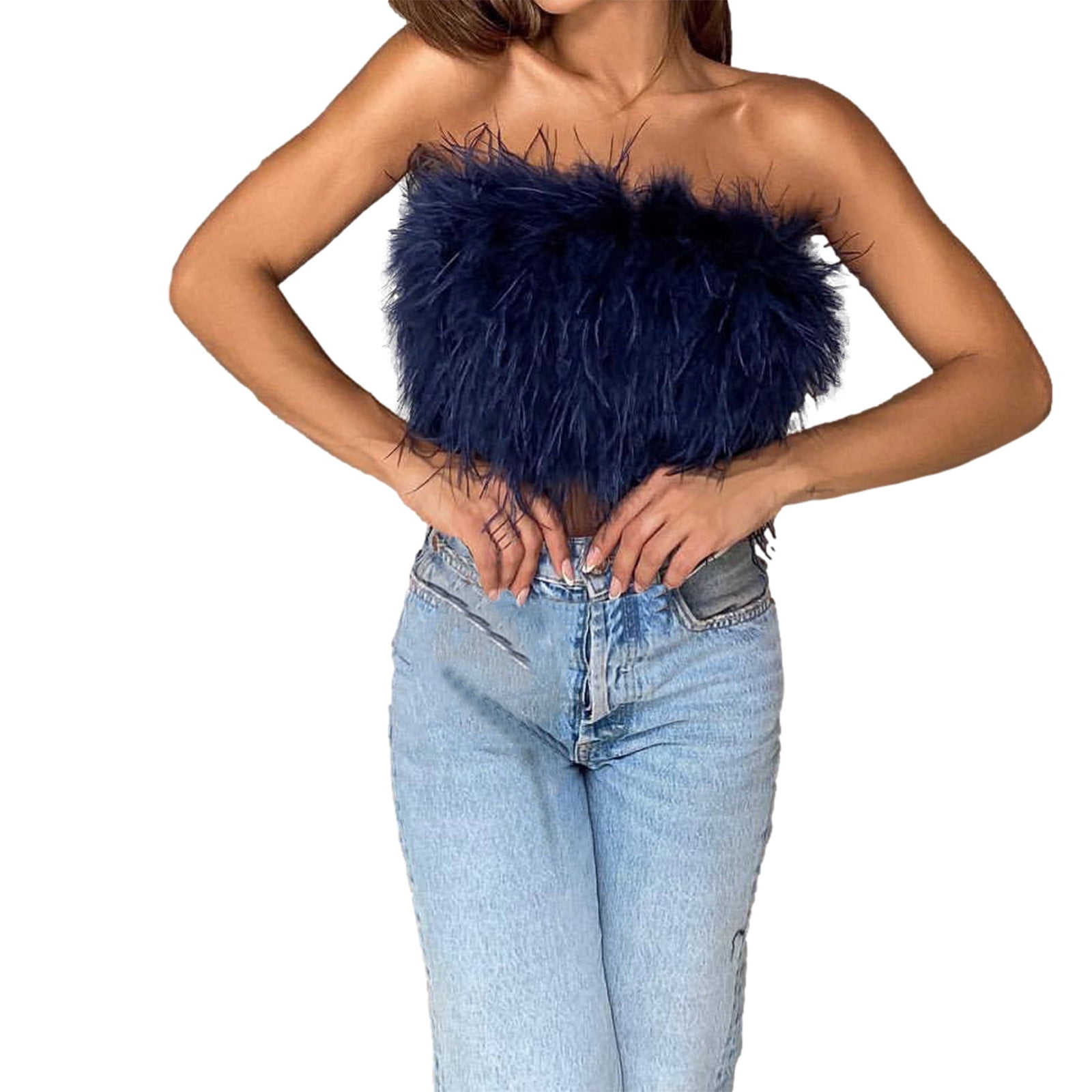 Camisole Tops for Women Feather Crop Tops Streetwear Sleeveless Furry ...
