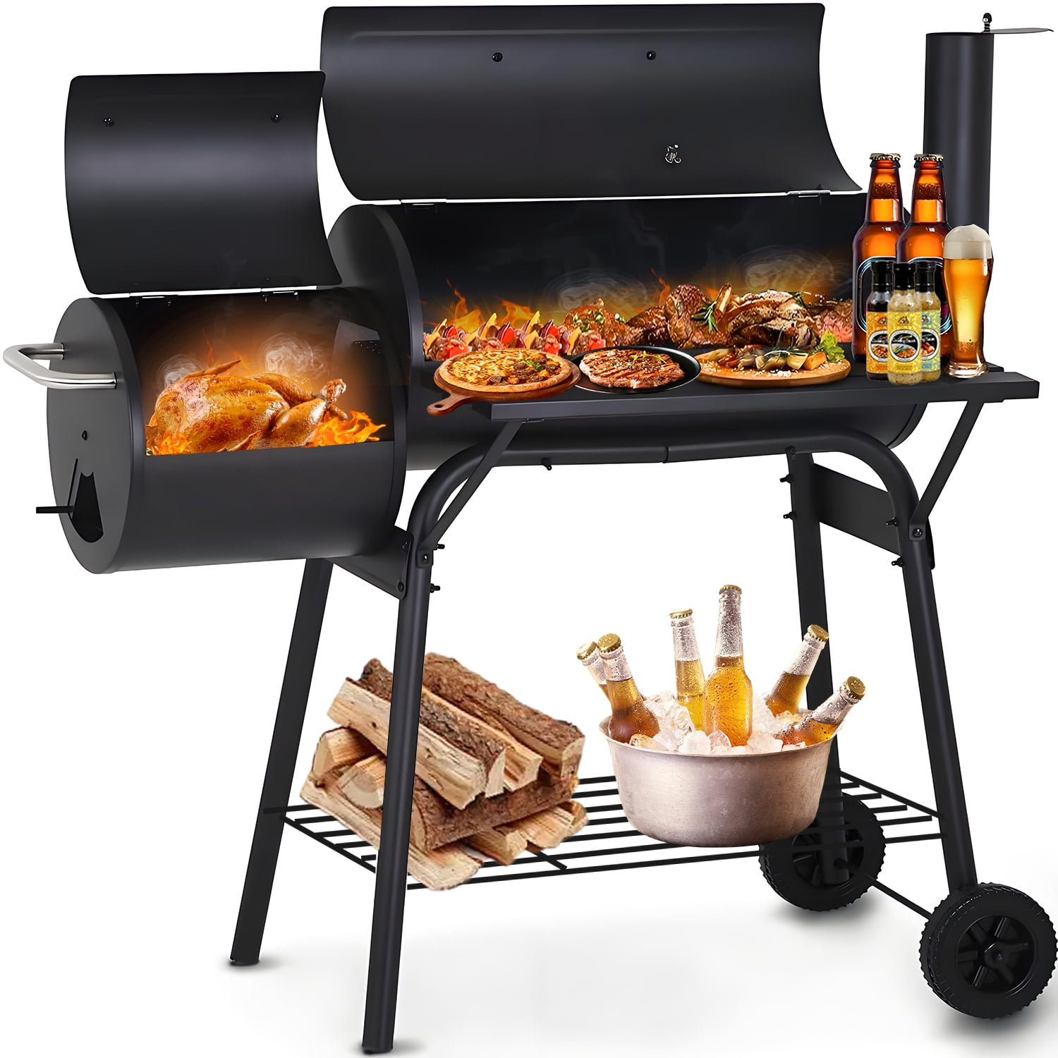 Camkey Charcoal Grill with Offset Smoker, 45.28 Inches Length Portable ...
