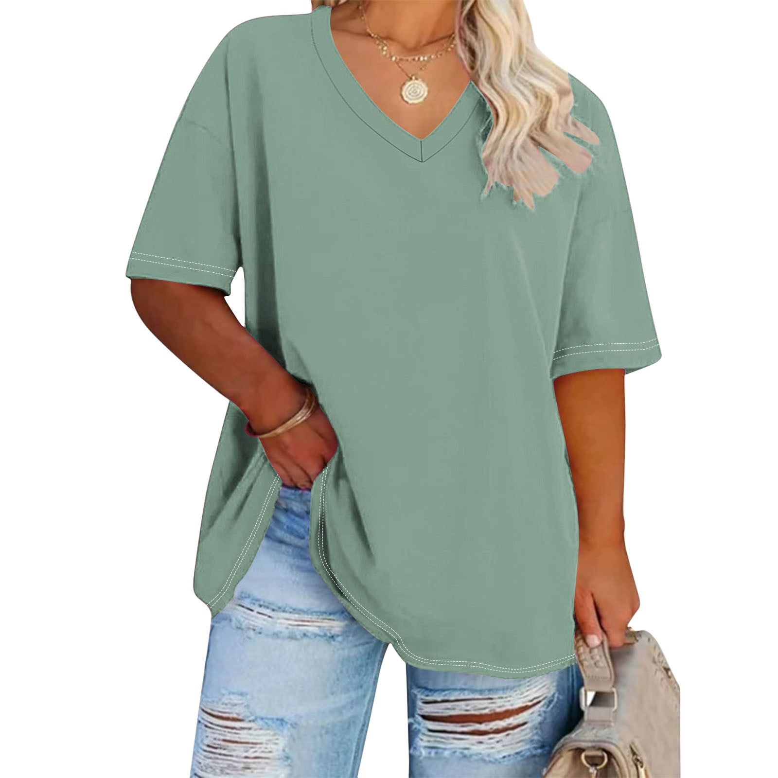 Camleand Women's Plus Size Tops Short Sleeve Tee Shirt V Neck Basic Summer Loose Fit T Shirt on ...