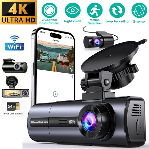 Camlekor 4K/2.5K+1080P+1080P Front/Rear Triple Dash Cam with 64GB Card ...
