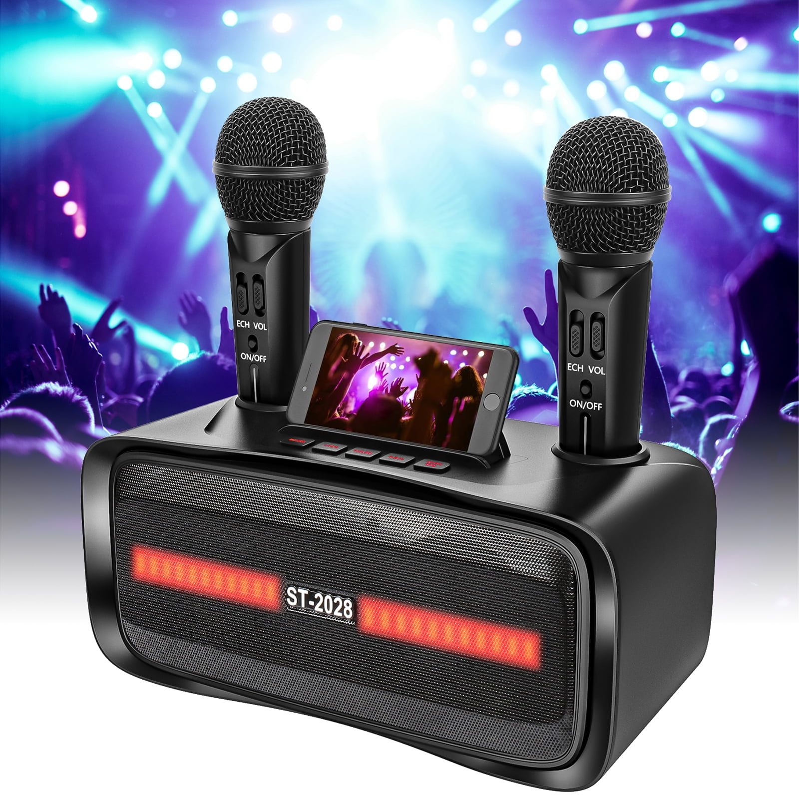 Camlekor LED Karaoke Machine with 2 Wireless Mics, Portable Bluetooth ...