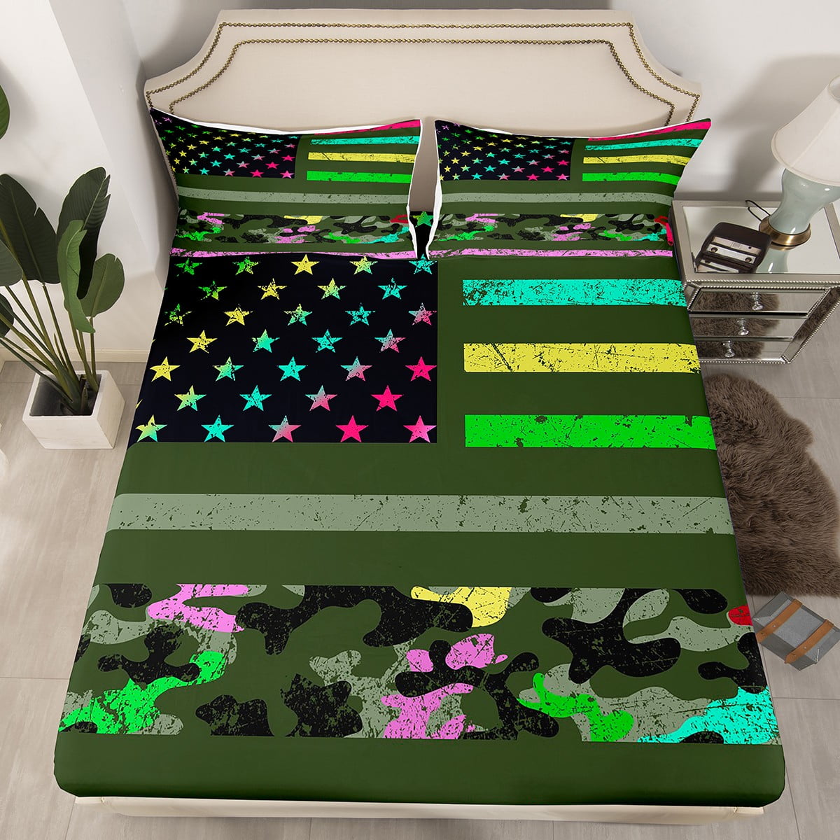 Camo American Flag Bed Sheets Military Army Theme Fitted Sheet, Usa ...