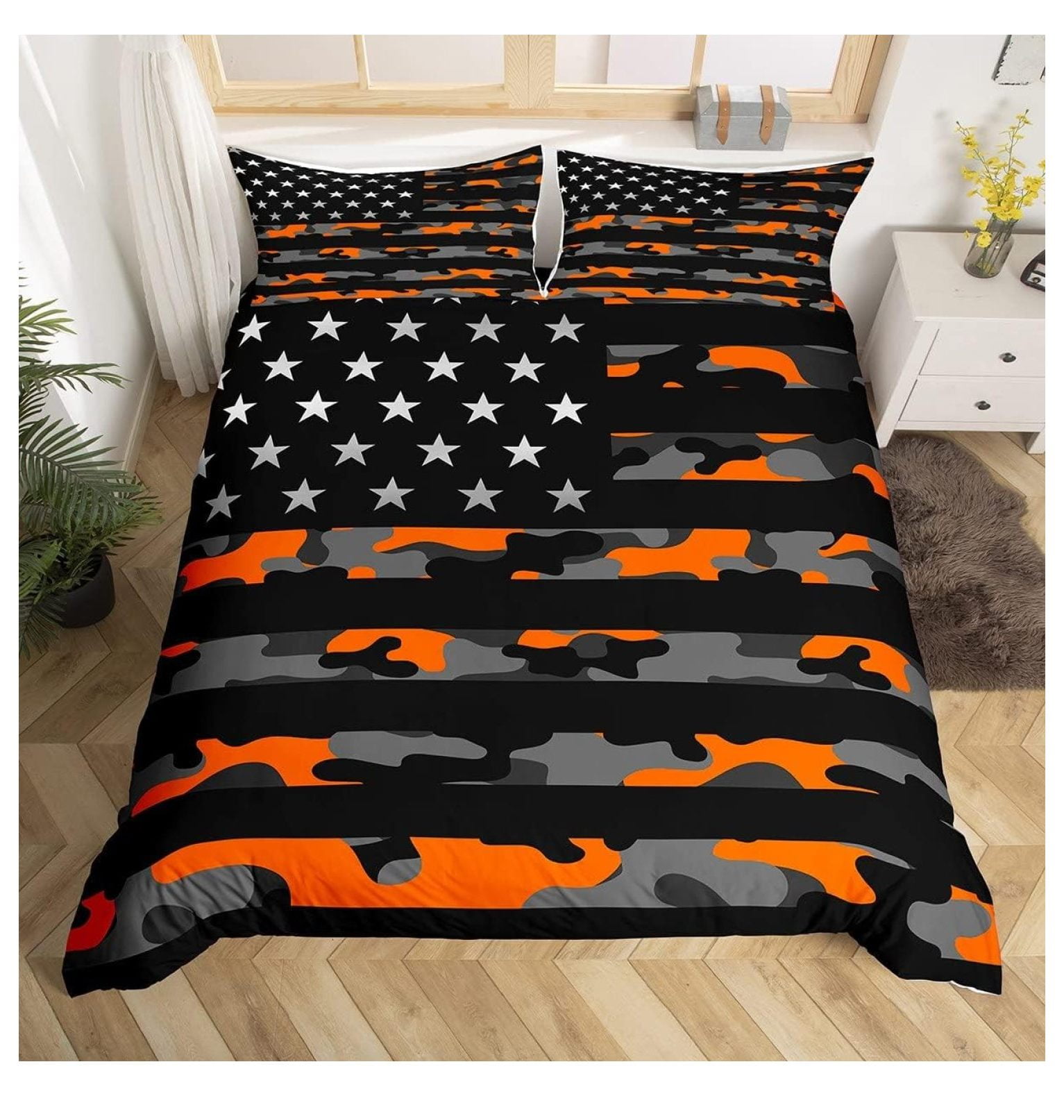 Camo American Flag Bedding Set Queen Size,Orange Grey Black Camouflage ...