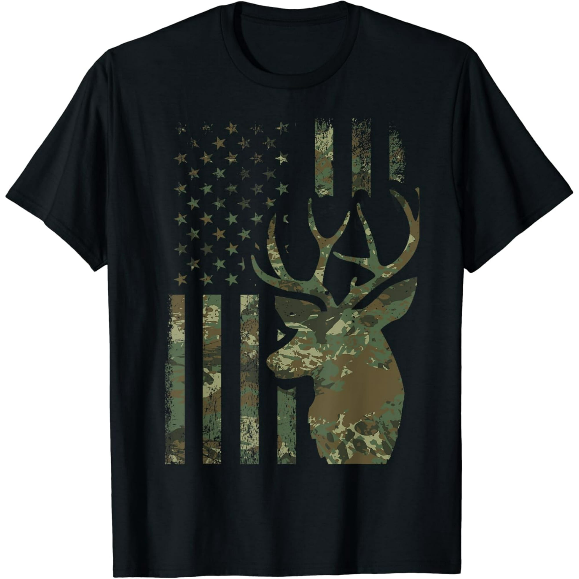 Camo American Flag Buck Hunting Gift for Elk Deer Hunter Men T-Shirt ...