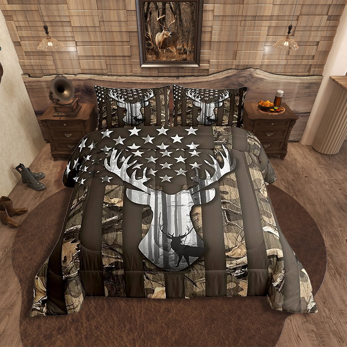 Camo American Flag Twin Size Comforter Sets,Deer Antlers Brown ...