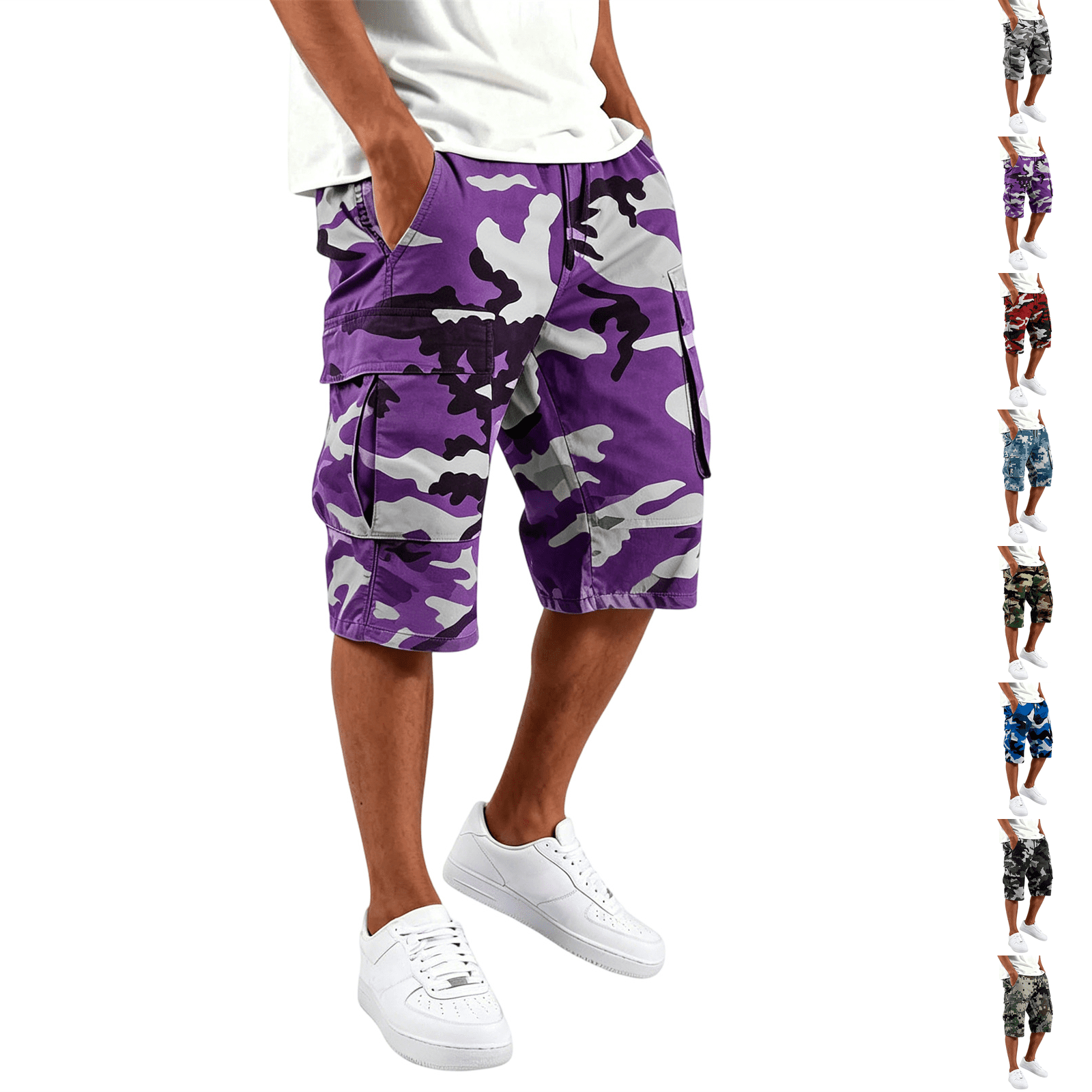 Camo Athletic Cargo Shorts Mens Cotton Twill Drawstring Hiking Workout ...